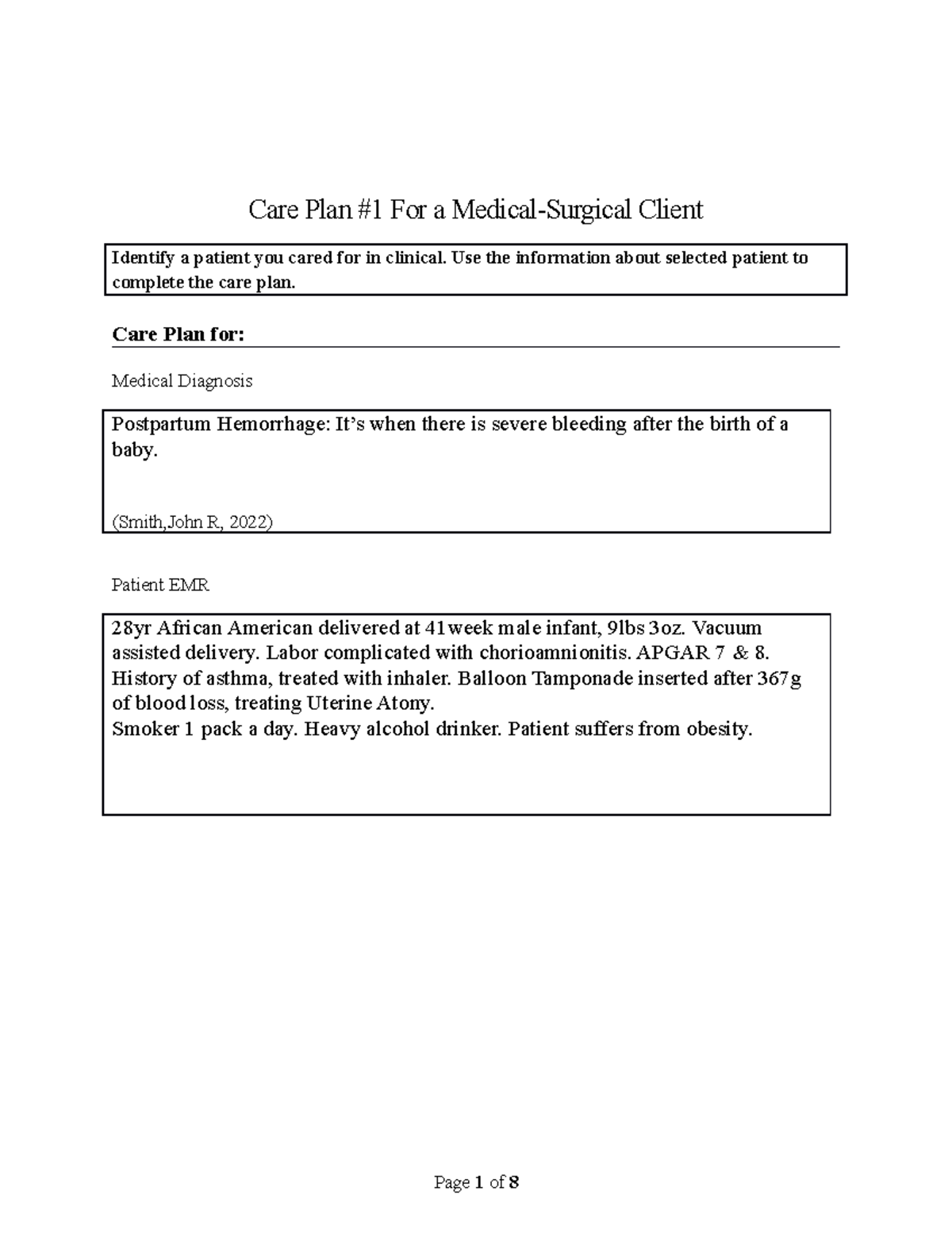Care Plan #1 PPH - CARE PLAN - Care Plan #1 For a Medical-Surgical ...