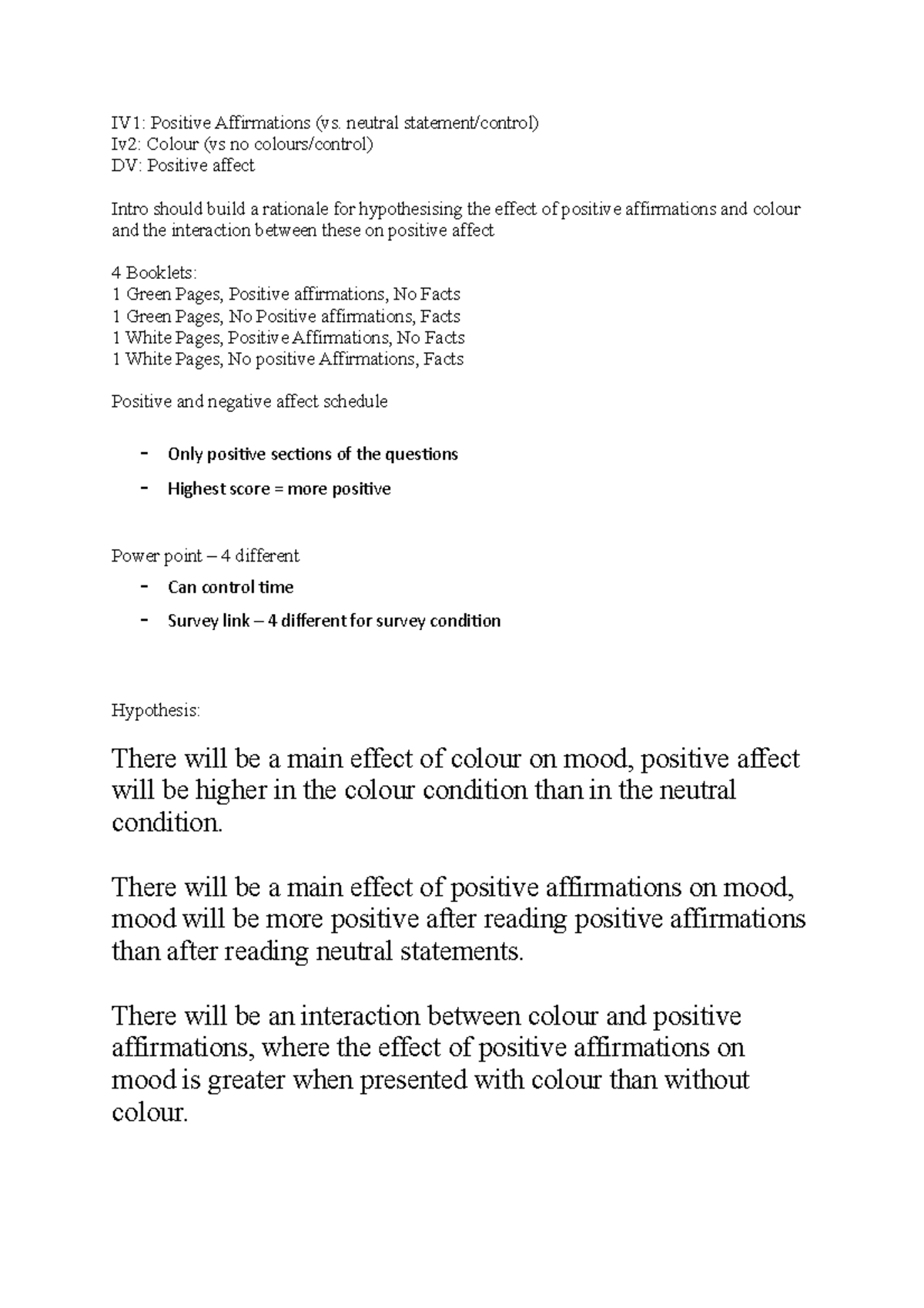 Lab BSC Notes - IV1: Positive Affirmations (vs. neutral statement ...
