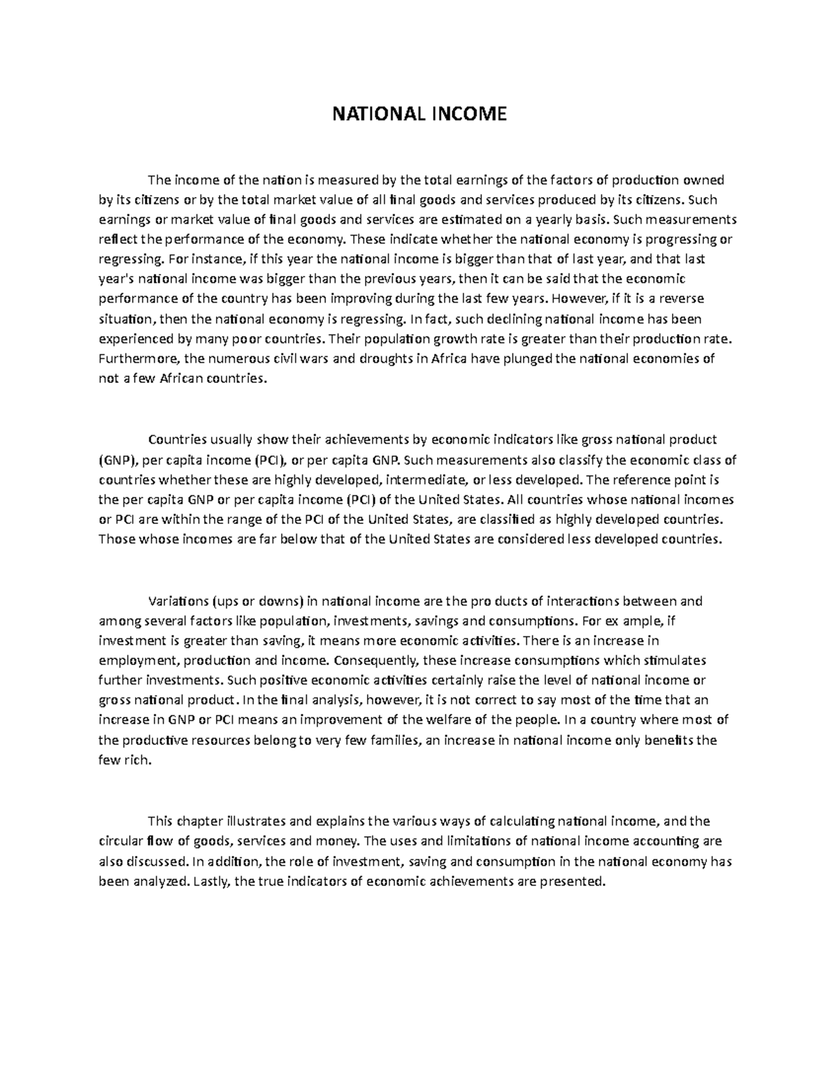 National Income - NATIONAL INCOME The income of the nation is measured ...