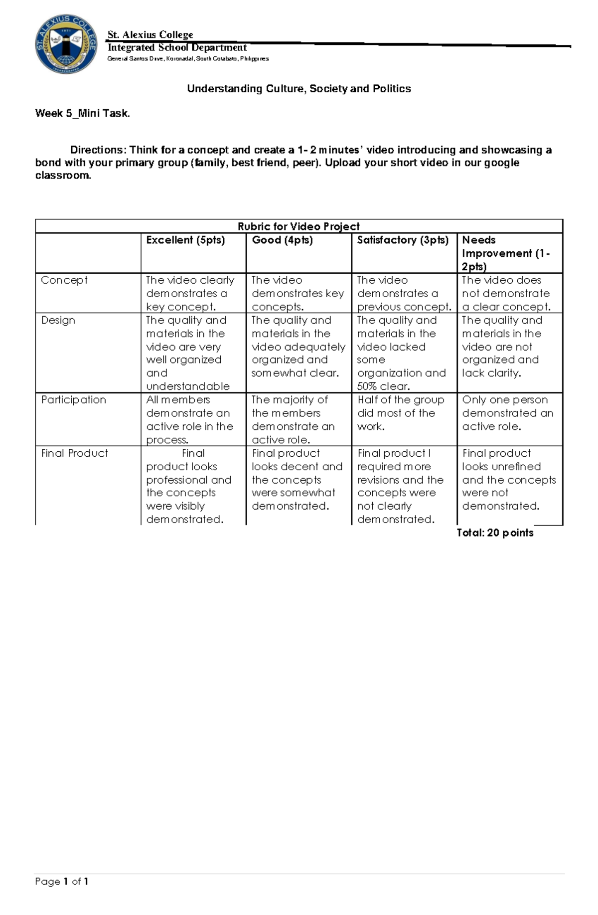 Mini Task Week 5 - Performance Task - BSED English - RMMC - Studocu