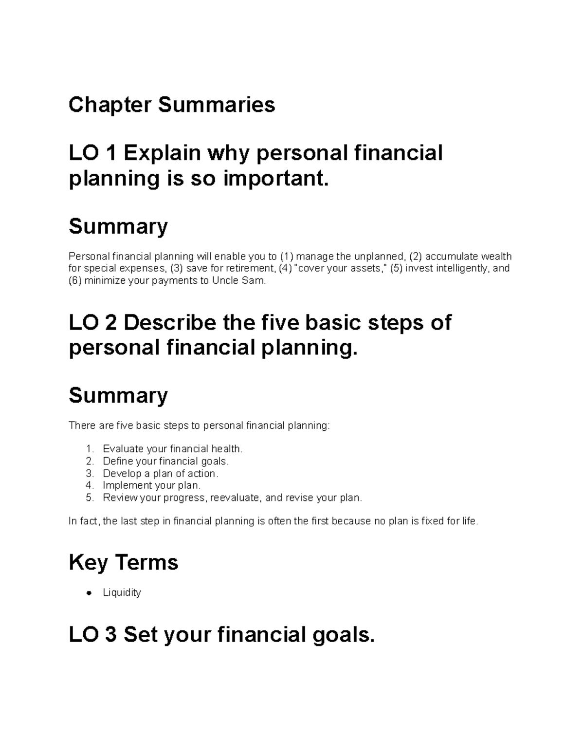 Personal finanvce class 9 - Chapter Summaries LO 1 Explain why personal ...