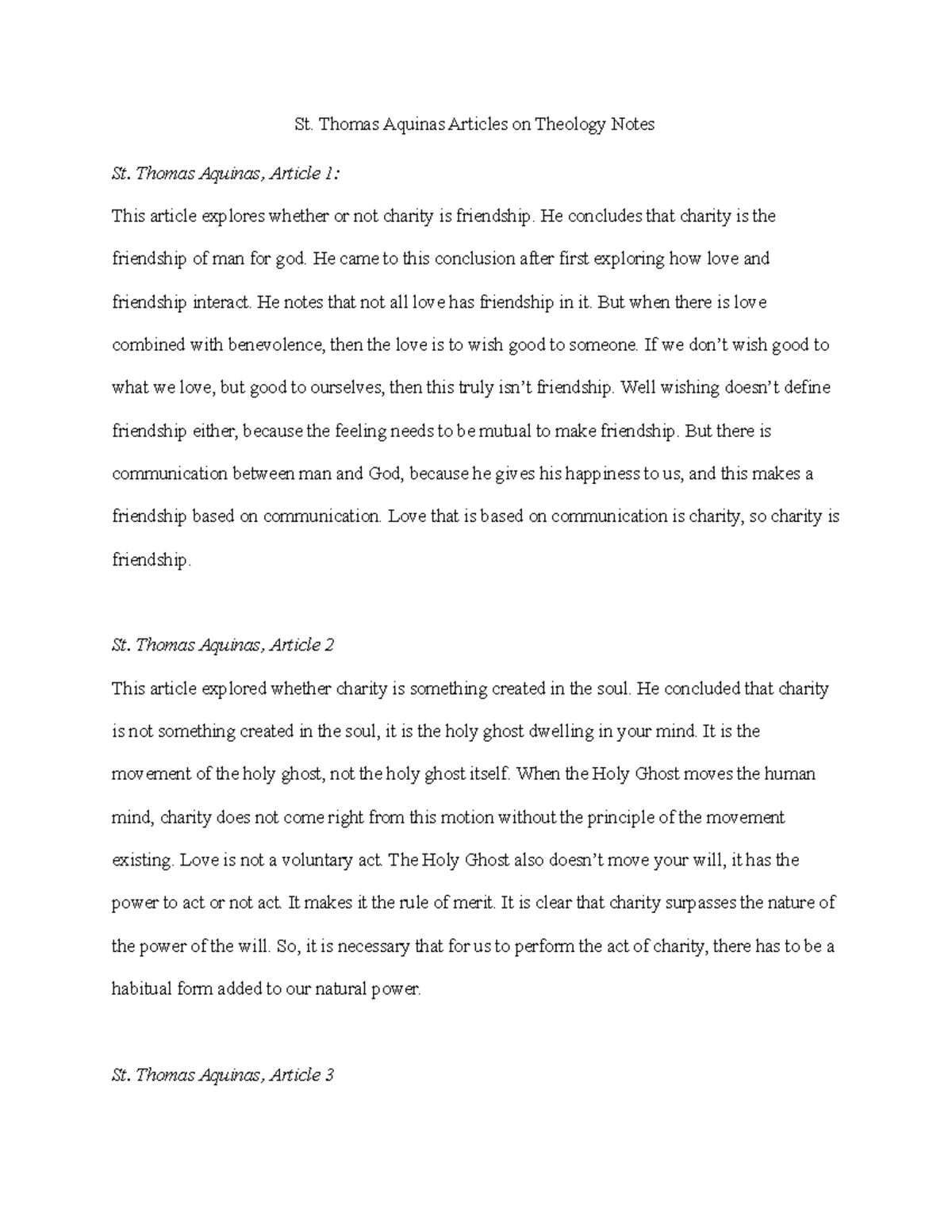 St Thomas Aquinas Notes - St. Thomas Aquinas Articles on Theology Notes ...