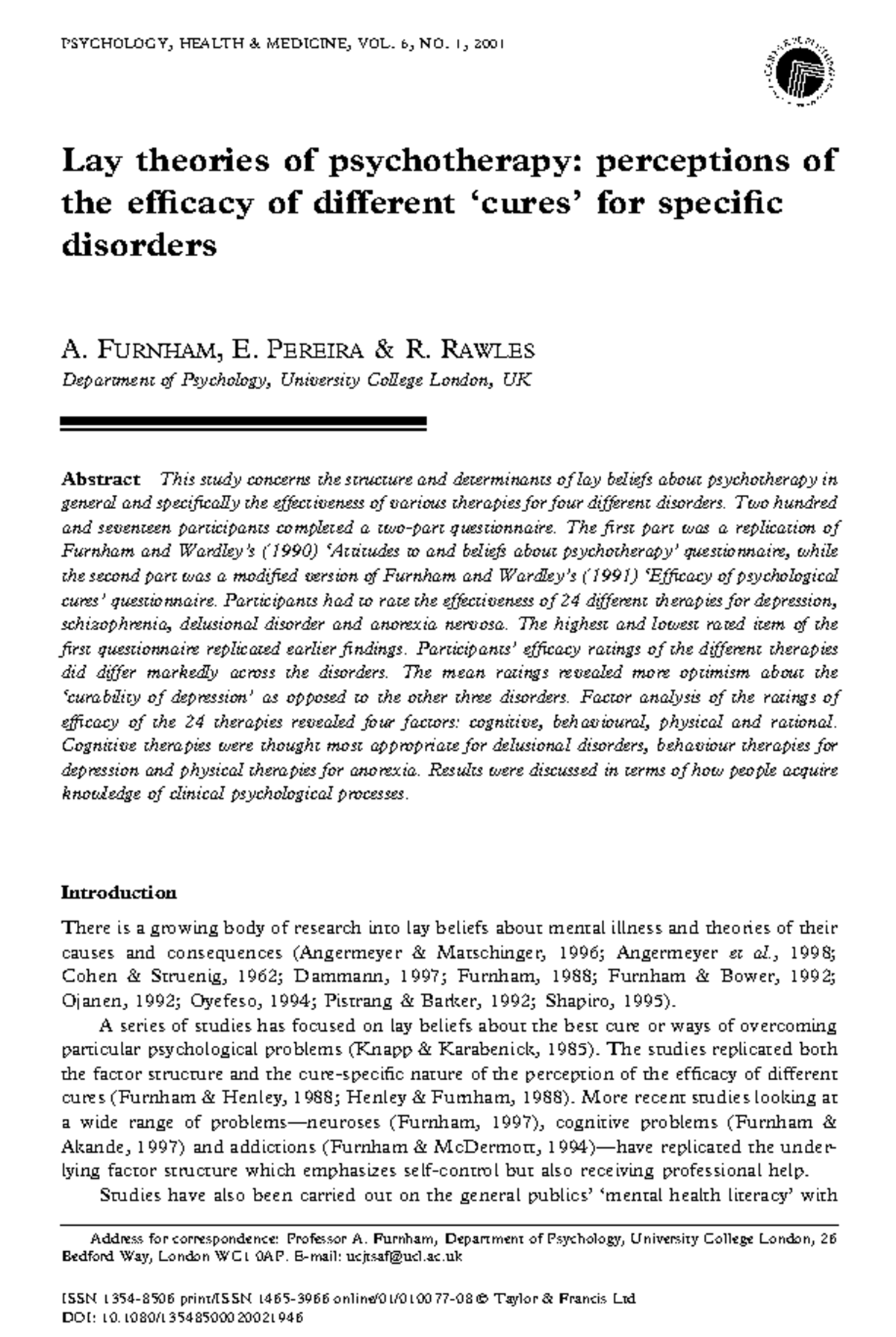 Lay theories of psychotherapy. perceptions of - PSYCHOLOGY, HEALTH ...