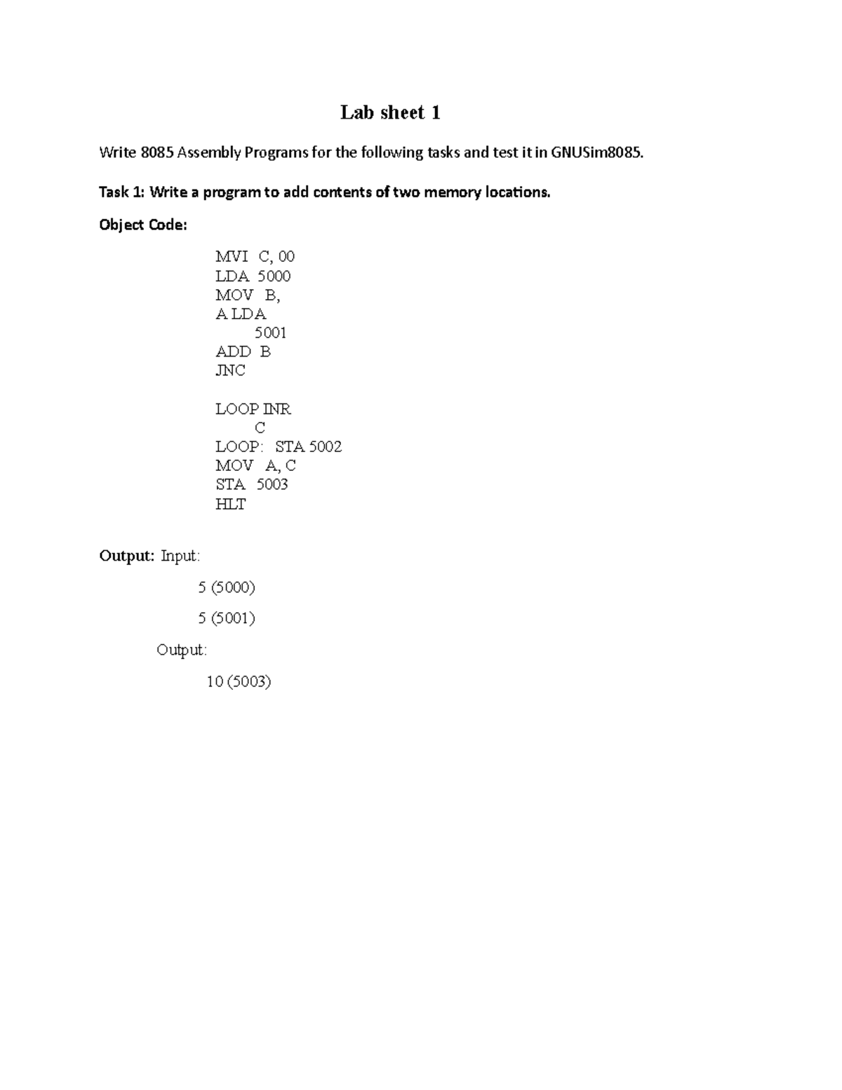 Lab sheet 1 - Lab sheet 1 Write 8085 Assembly Programs for the ...