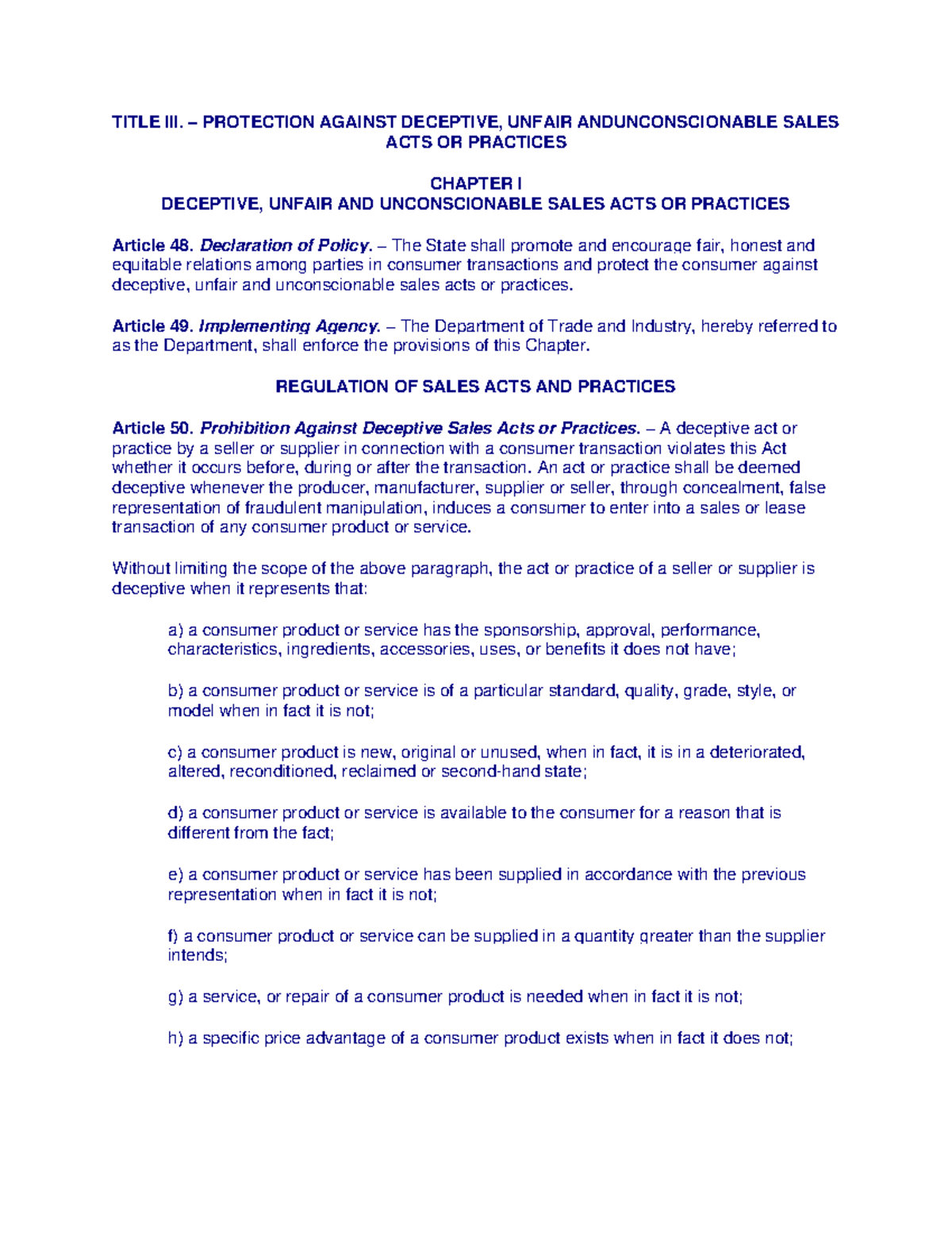 RA-7394 Title III - reading material - TITLE III. – PROTECTION AGAINST ...