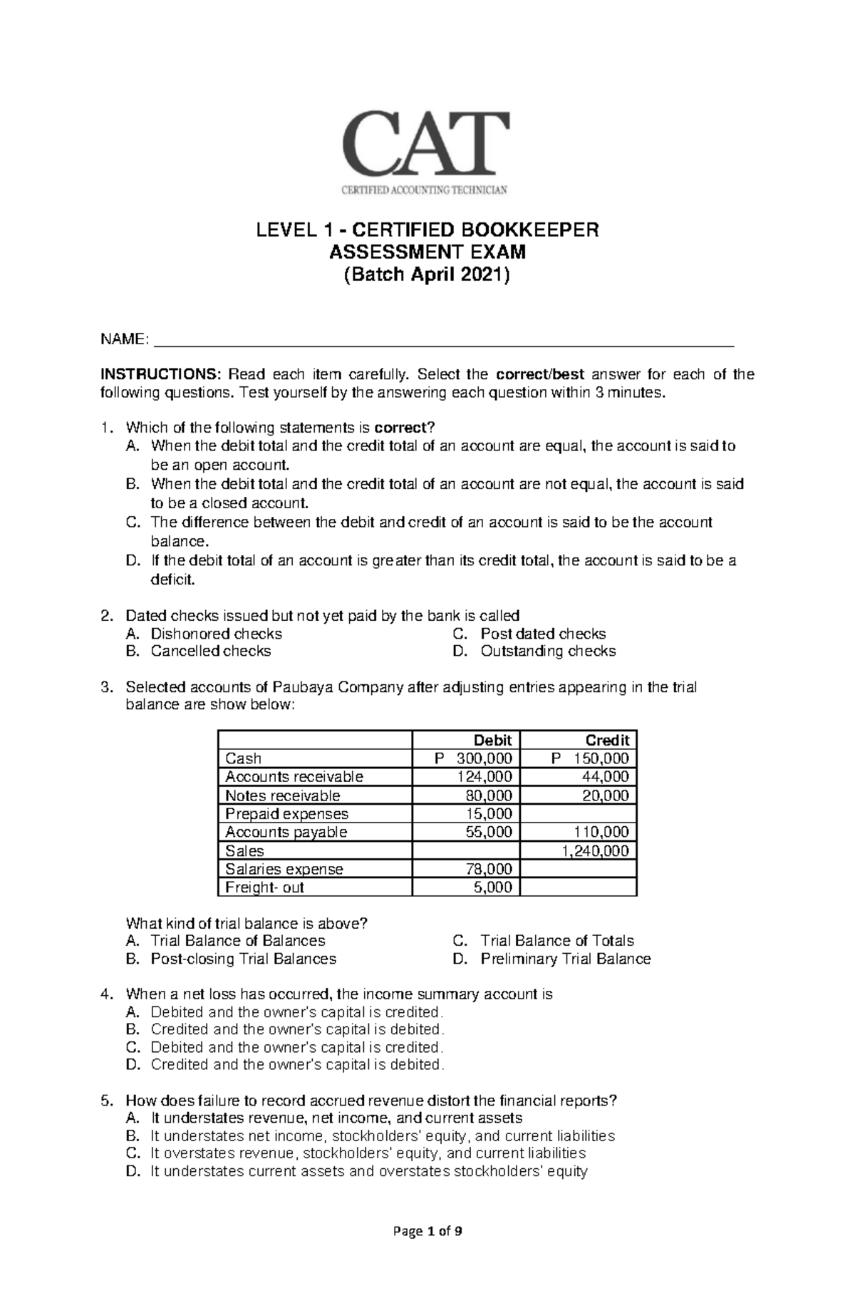 CAT L1 Assessment Exam Batch April 2021 - LEVEL 1 - CERTIFIED BOOKKEEPER ASSESSMENT EXAM (Batch ...