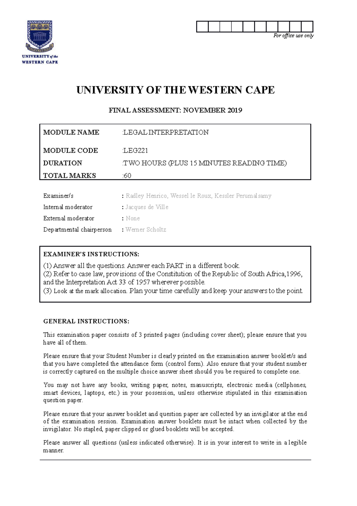 LEG221 Cover - Final Assessment November 2019 - For office use only ...