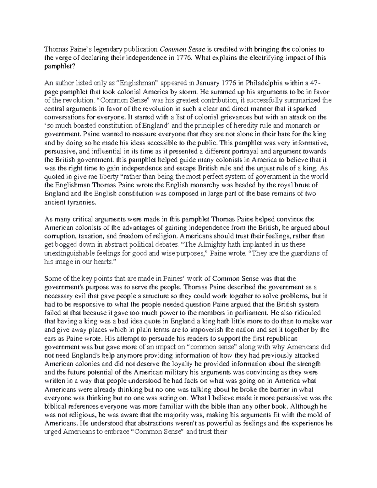 Drop box essay one - Thomas Paine’s legendary publication Common Sense ...