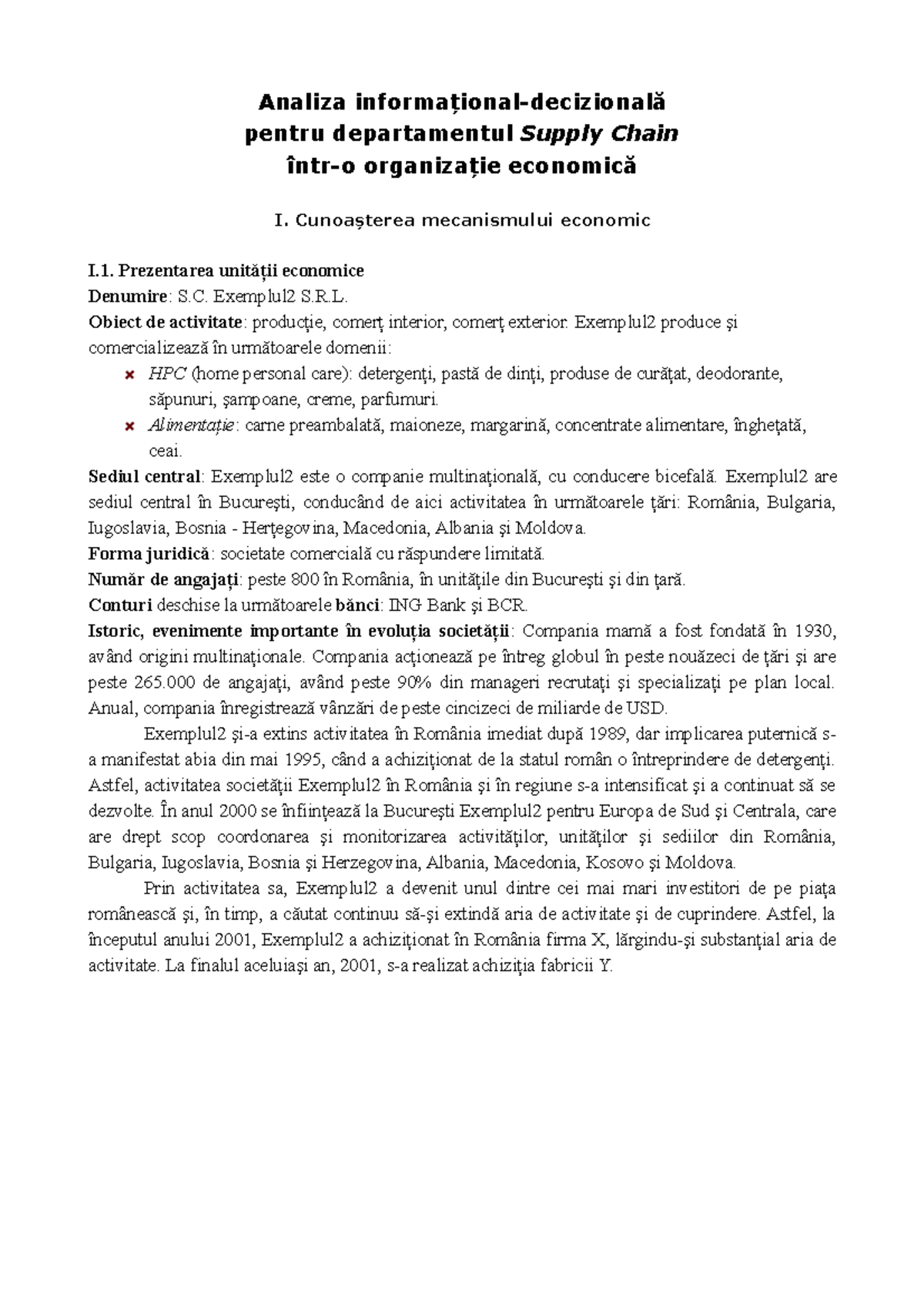 Model Proiect SIE - Analiza pentru departamentul Supply Chain I ...