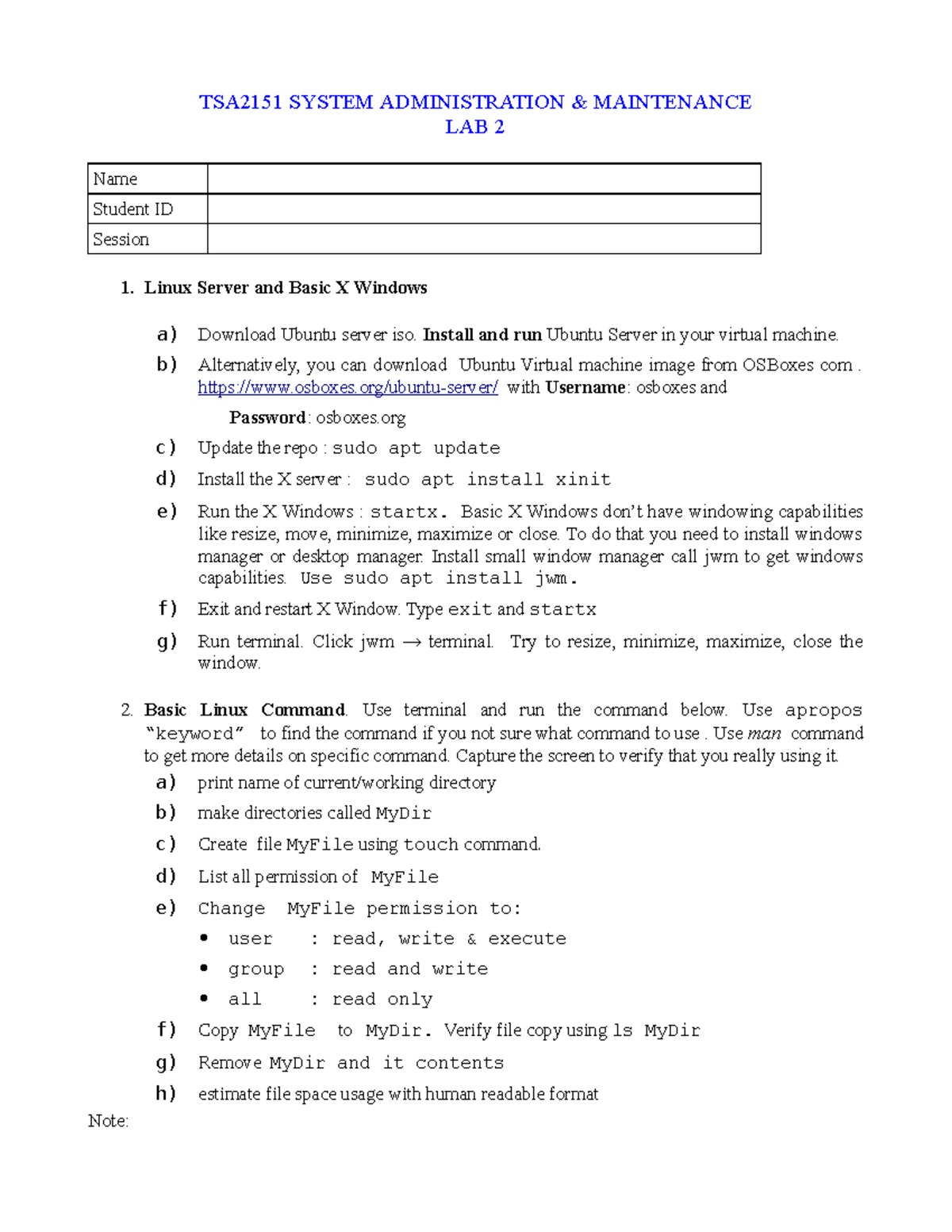 219173 Lab02 - SYS ADMIN AND MAINTEN - TSA2151 SYSTEM ADMINISTRATION ...