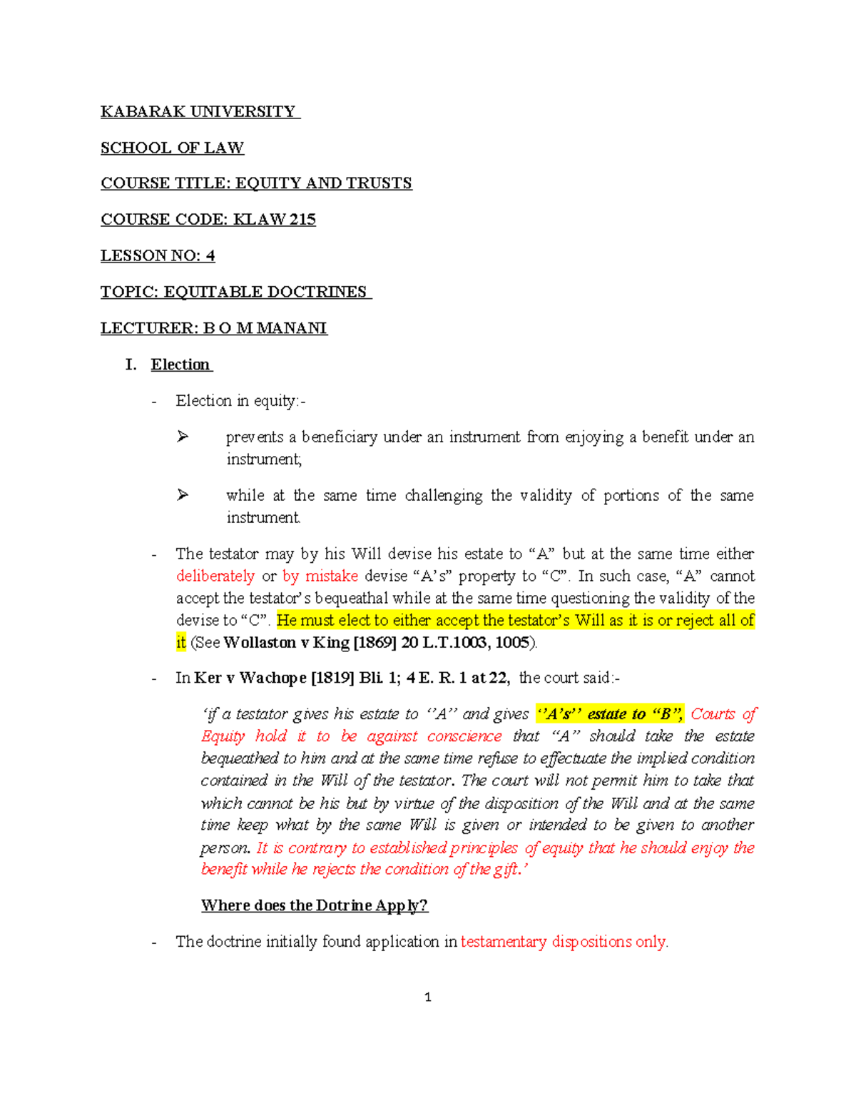 Lesson 4 Lecture Notes Kabarak University School Of Law Course Title Equity And Trusts Course