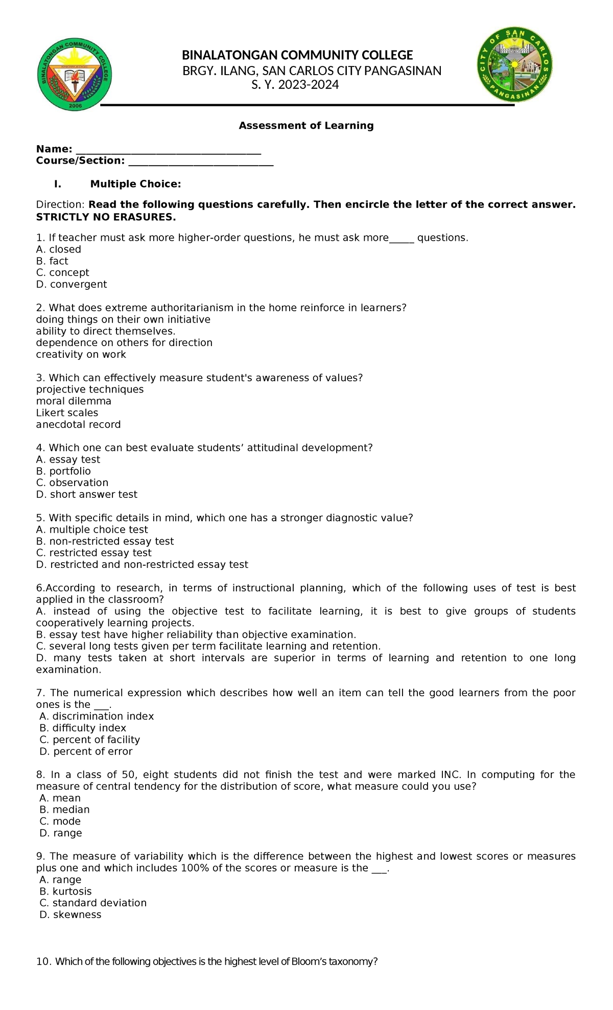 Assessment in Learning 1 - Assessment of Learning Name