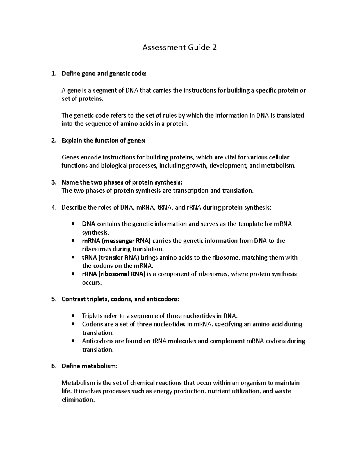 Mitosis and Meiosis Assessment Guide 2 - Assessment Guide 2 Define gene ...