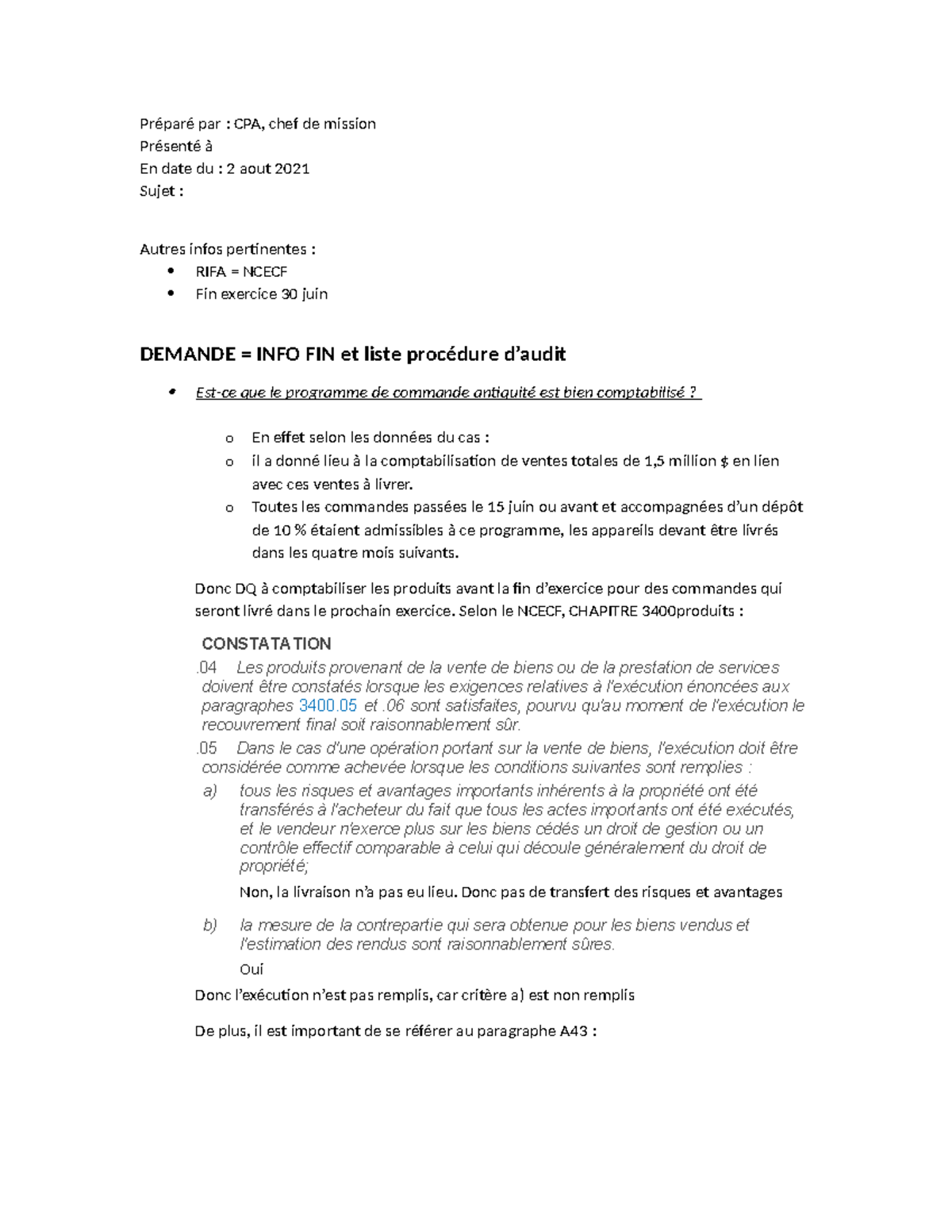 Dry Quick CAS 2 - note - Préparé par : CPA, chef de mission Présenté à ...