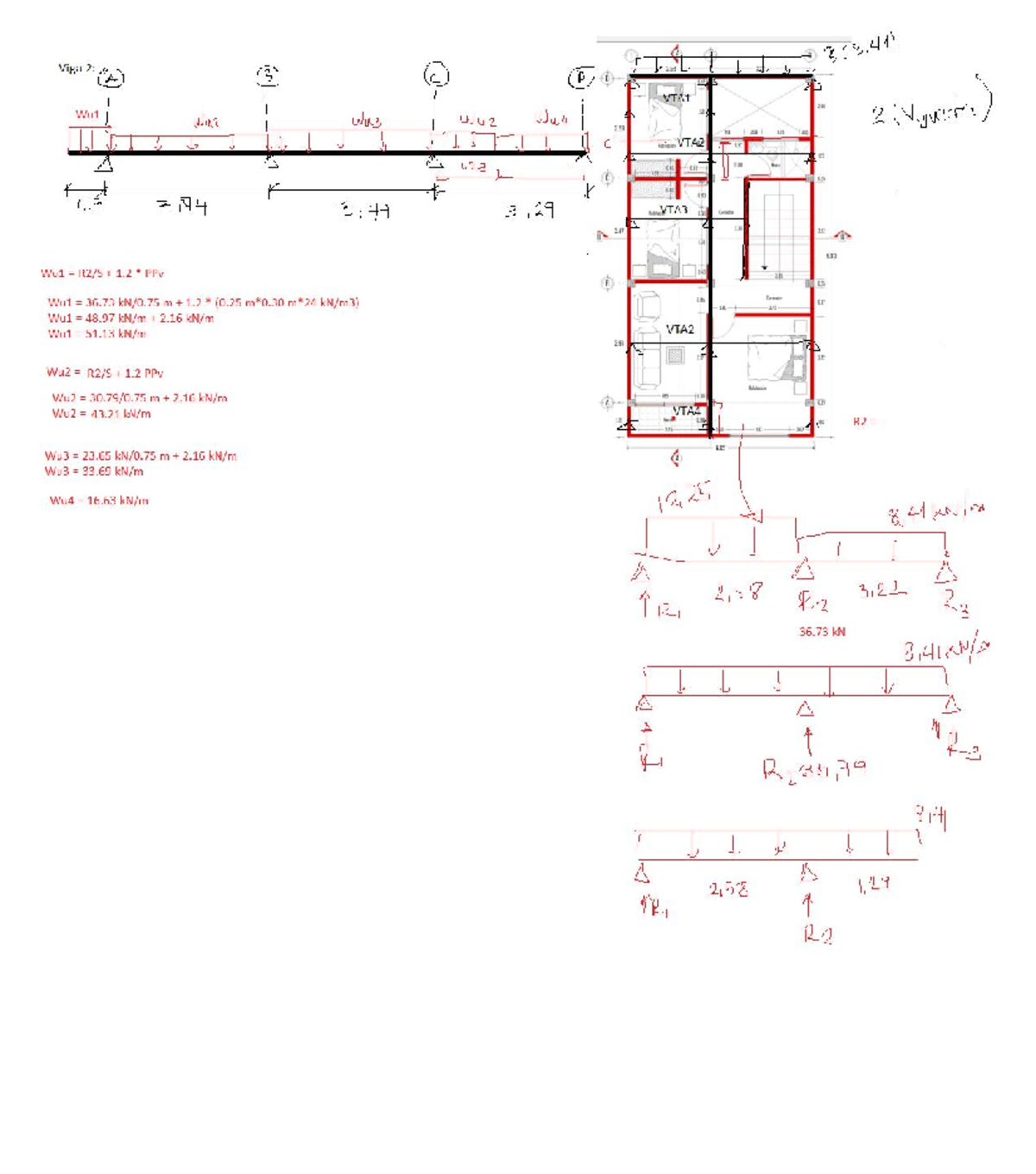 2. Transmisión Carga EN Vigas - A 3(8,41) Viga 2: 2 A B C P 0 VTA1 Wu1 Waz was Wuz Wu4 2 3 C ...