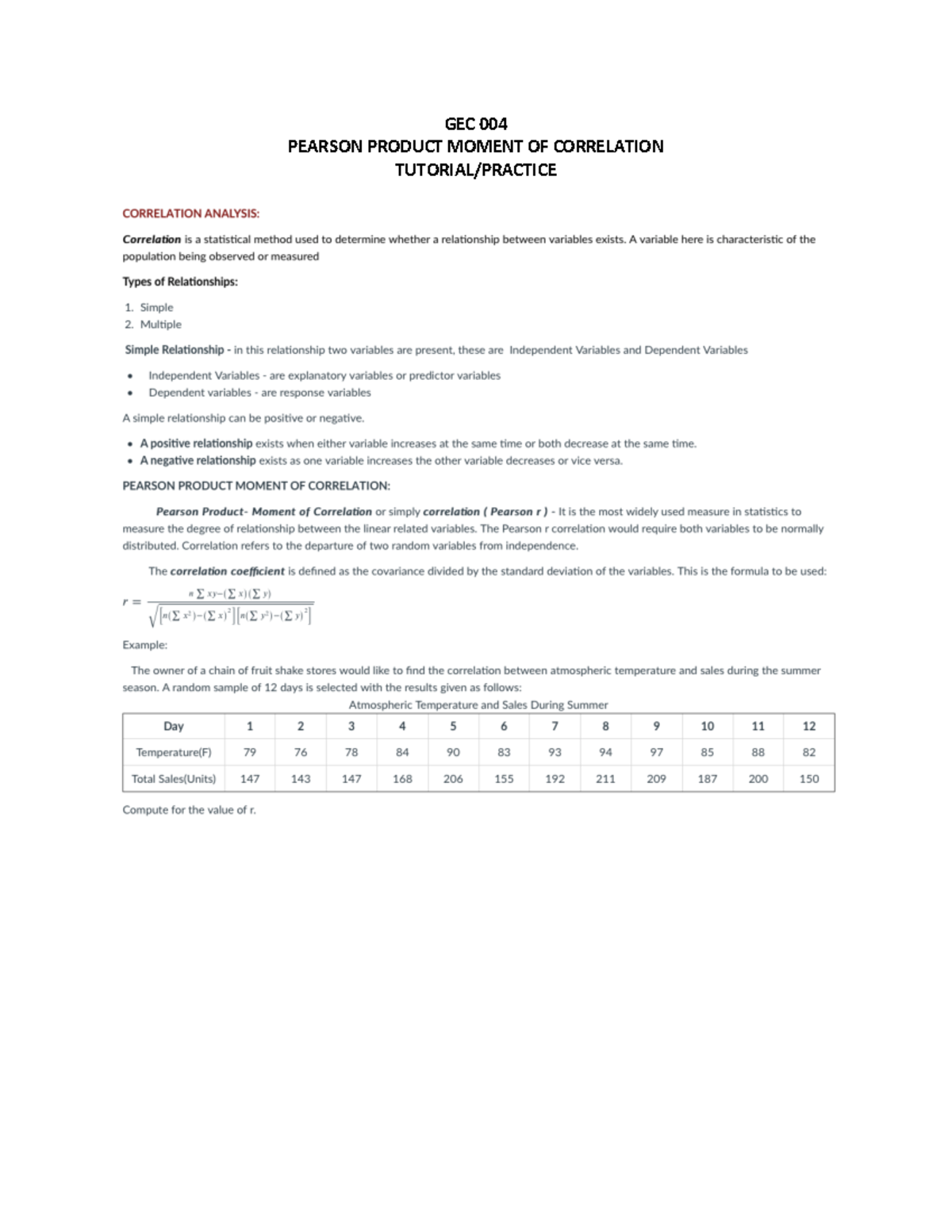 GEC 004 Pearson Product Moment OF Correlation Mathematics In The 