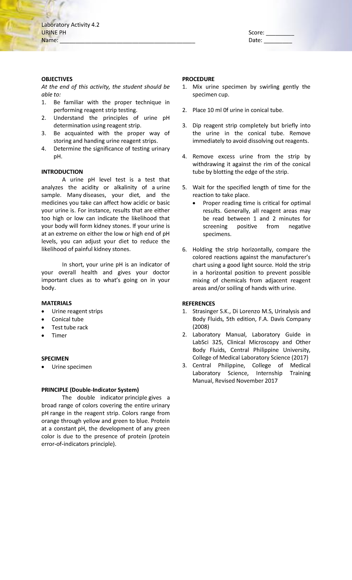 Activity 4.2 - Urine p H - Urinalysis - Laboratory Activity 4. URINE PH ...