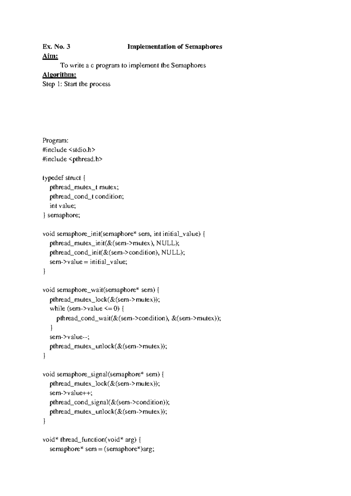 Semaphores Os Program Ex No 3 Implementation Of Semaphores Aim To Write A C Program To 