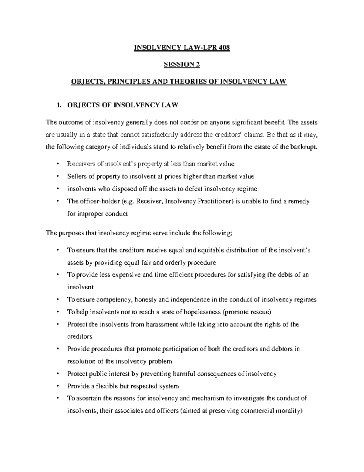LPR 408- Session 2 - insolvency - INSOLVENCY LAW-LPR 408 SESSION 2 ...