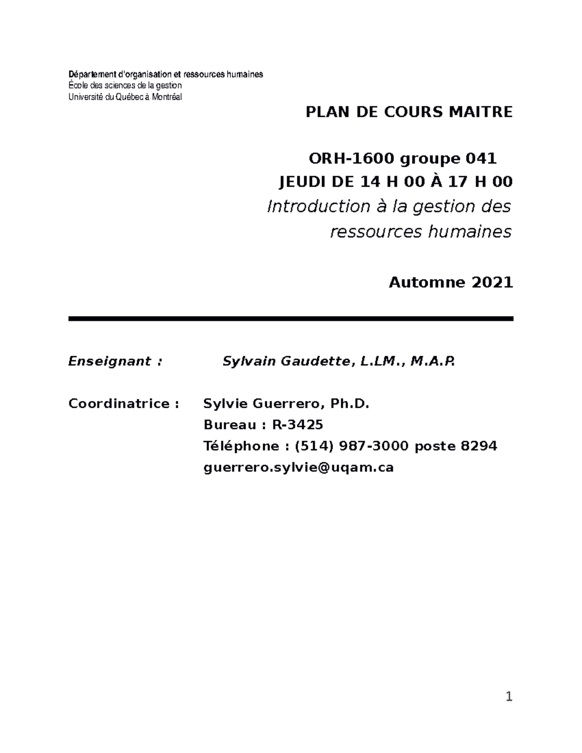ORH 1600 gr 41 Plan de cours Automne 2021 - ORH1600 - UQAM - Studocu