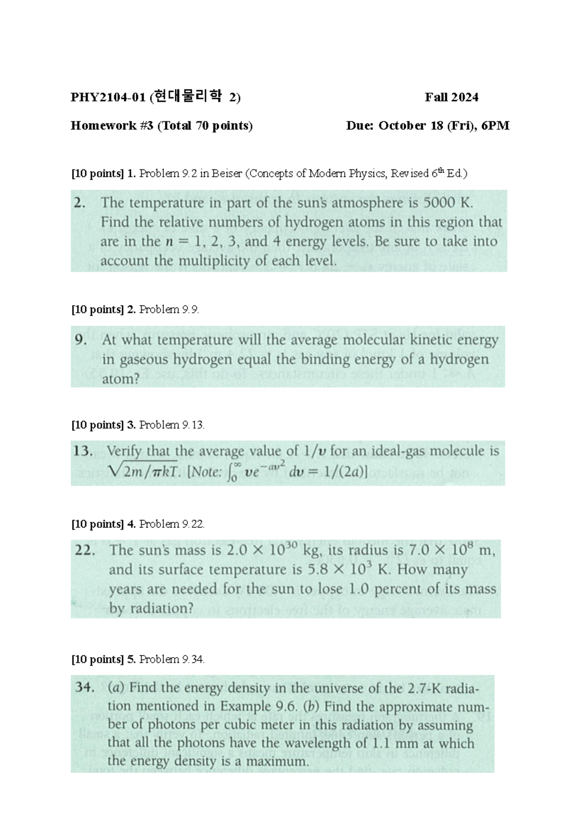 Modern Physics 2 HW 3 - asdf - French B SL - PHY2104- 01 (현대물리학 2) Fall ...
