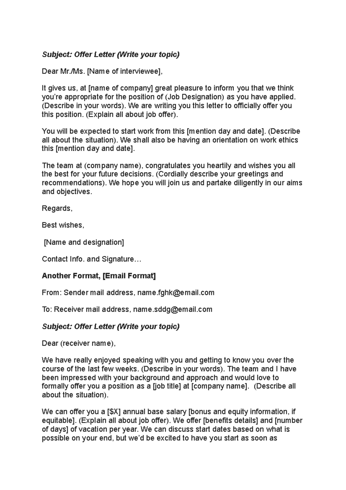 Sample Job Offer Letter Template - Subject: Offer Letter (Write your ...