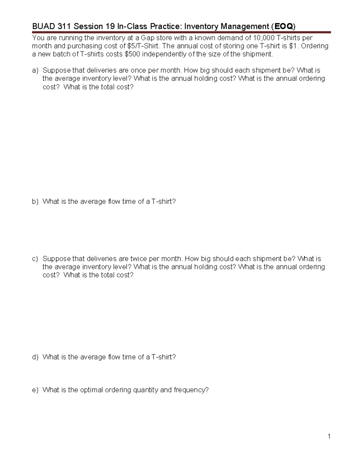 In-Class S19-EOQ - notes for EO - BUAD 311 Session 19 In-Class Practice ...
