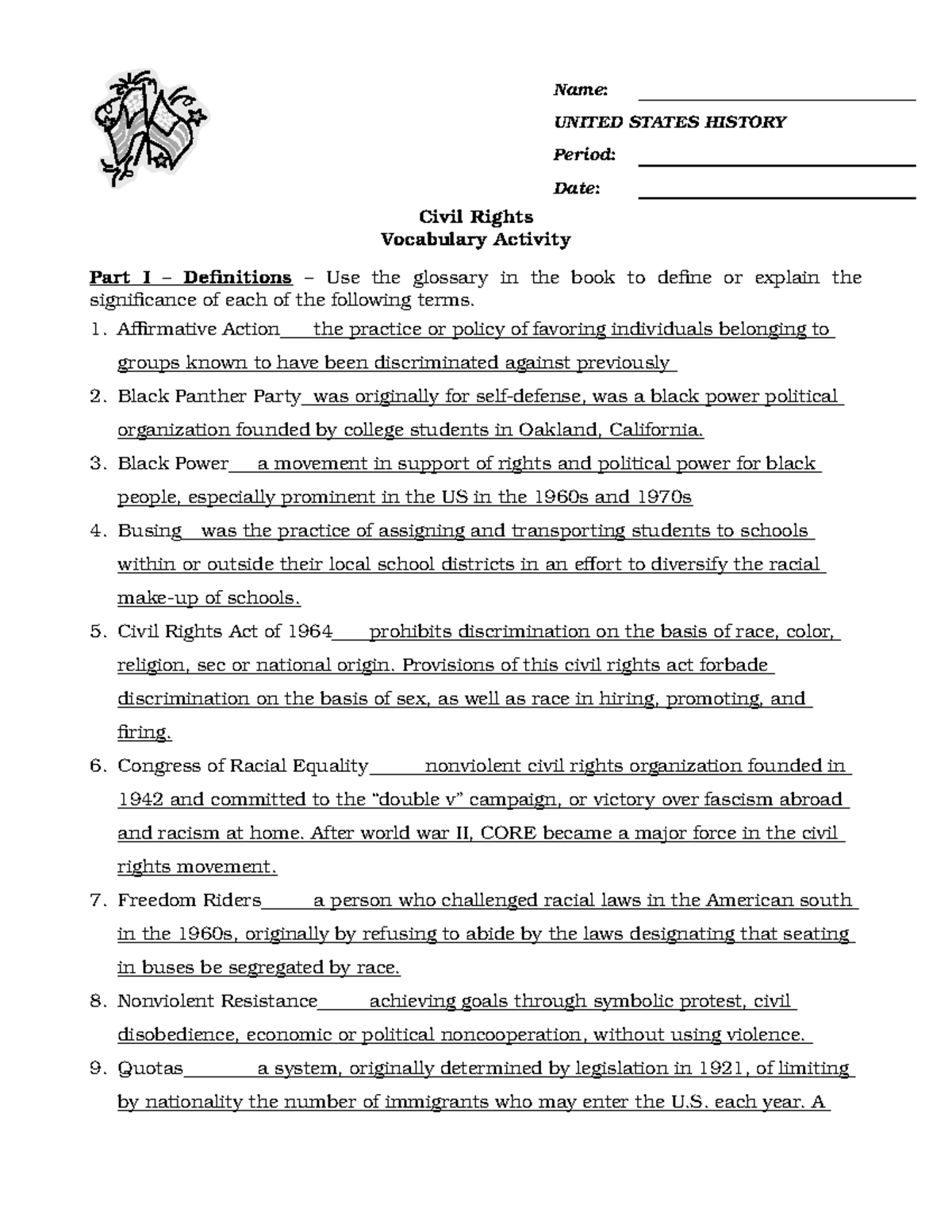 6-4 Civil Rights Vocabulary - Name : UNITED STATES HISTORY Period ...