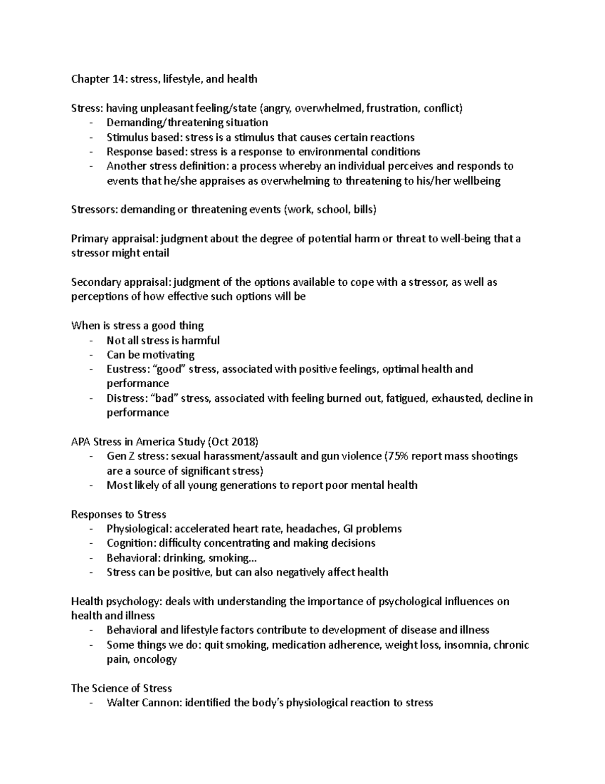 Psychology Chapter 14 Notes - Chapter 14: stress, lifestyle, and health ...