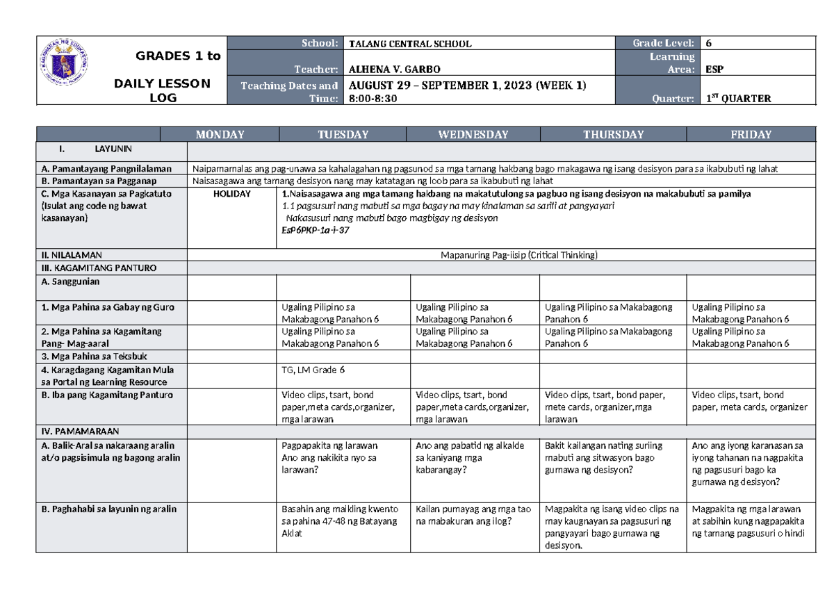 DLL ESP-6 Q1 W1 - GRADES 1 to 12 DAILY LESSON LOG School: TALANG CENTRAL SCHOOL Grade Level: 6 ...