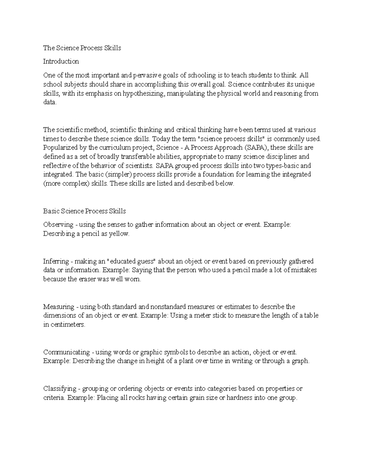The Science Process Skill - The Science Process Skills Introduction One ...