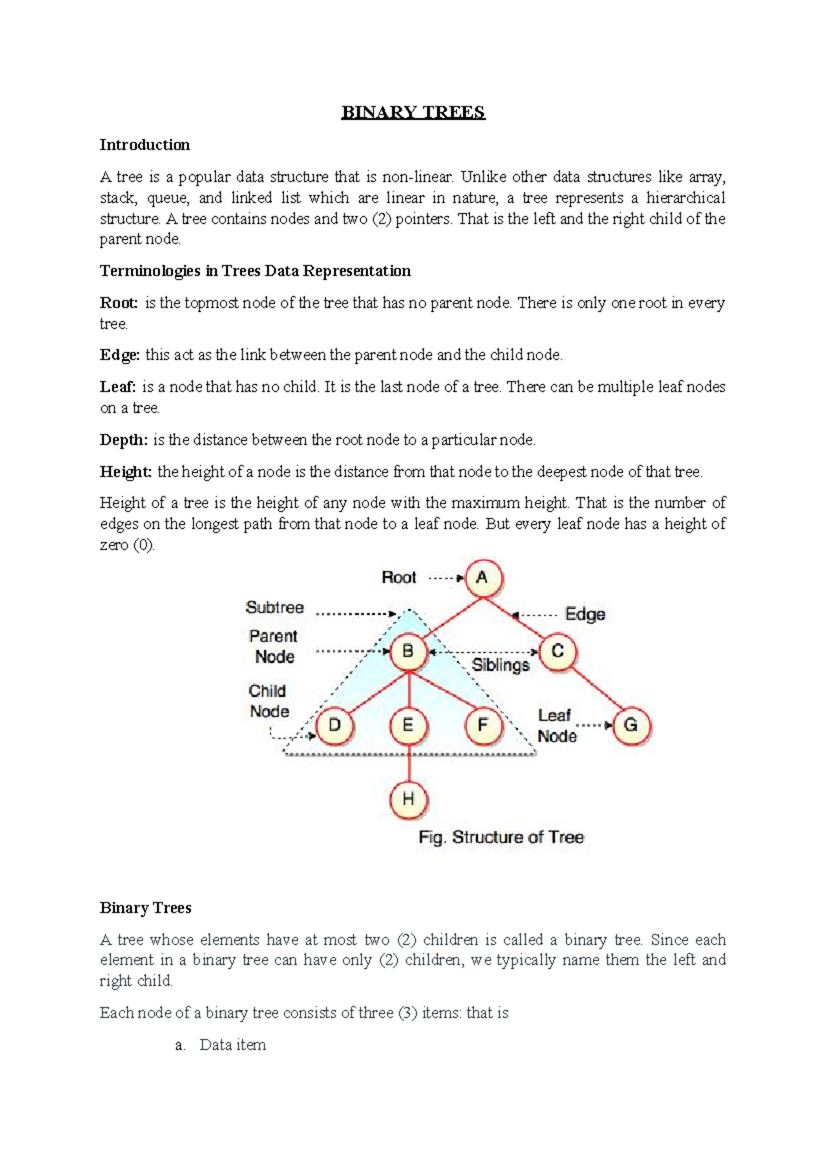 Binary Trees - BINARY TREES Introduction A tree is a popular data structure that is non-linear ...