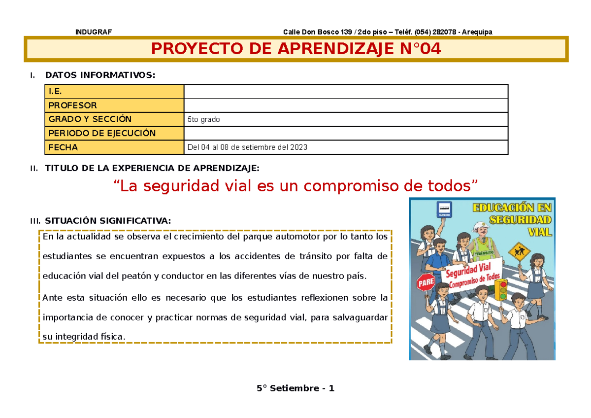 5° Grado - Proyecto DE Aprendizaje N°04 - PROYECTO DE APRENDIZAJE N° I. DATOS INFORMATIVOS: I ...