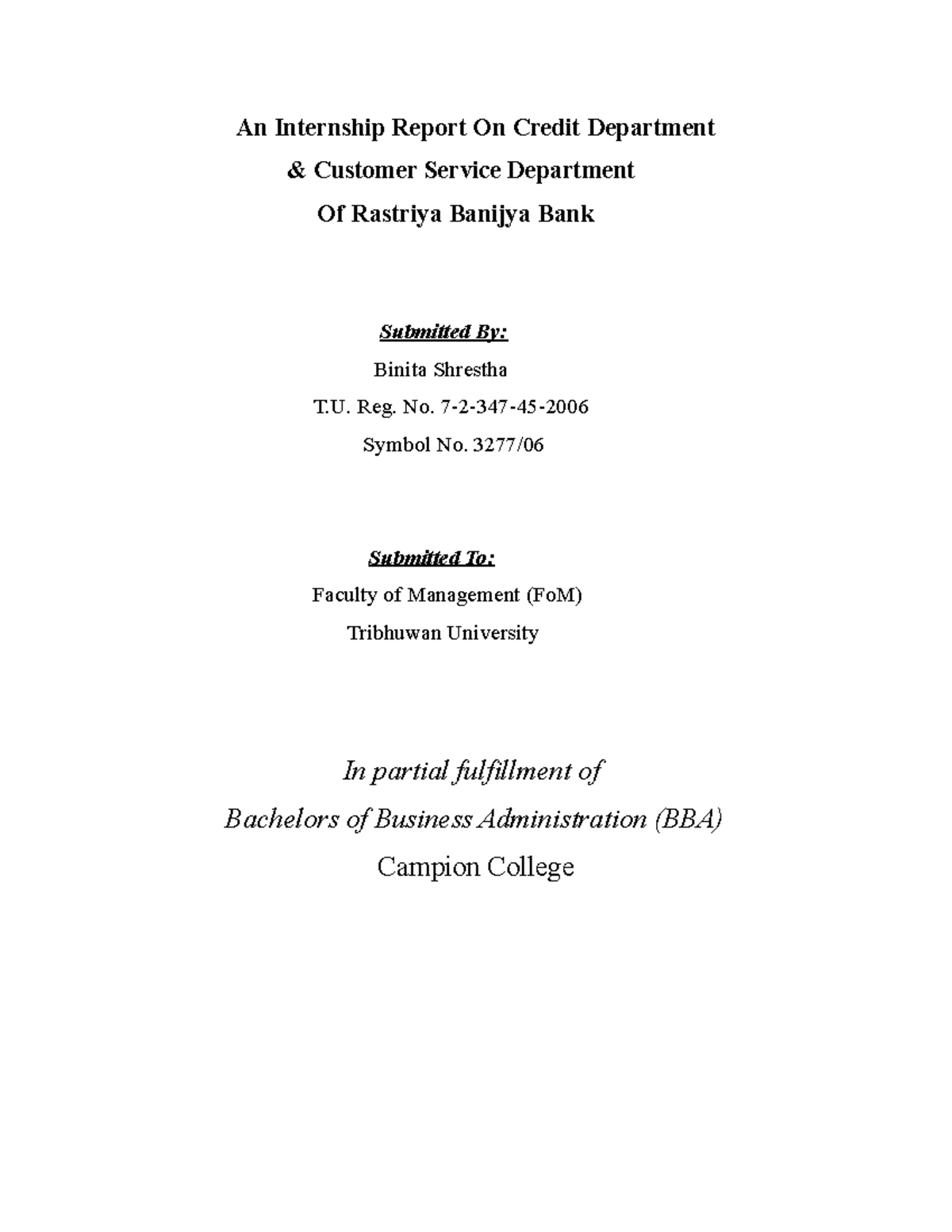 RBB - Grade: bba - An Internship Report On Credit Department & Customer ...