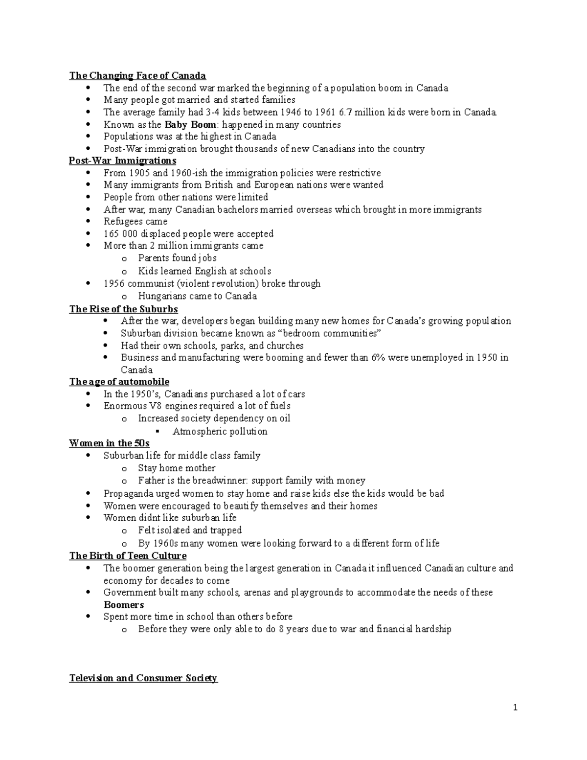 After World War 2 - Exam Notes - The Changing Face of Canada The end of ...