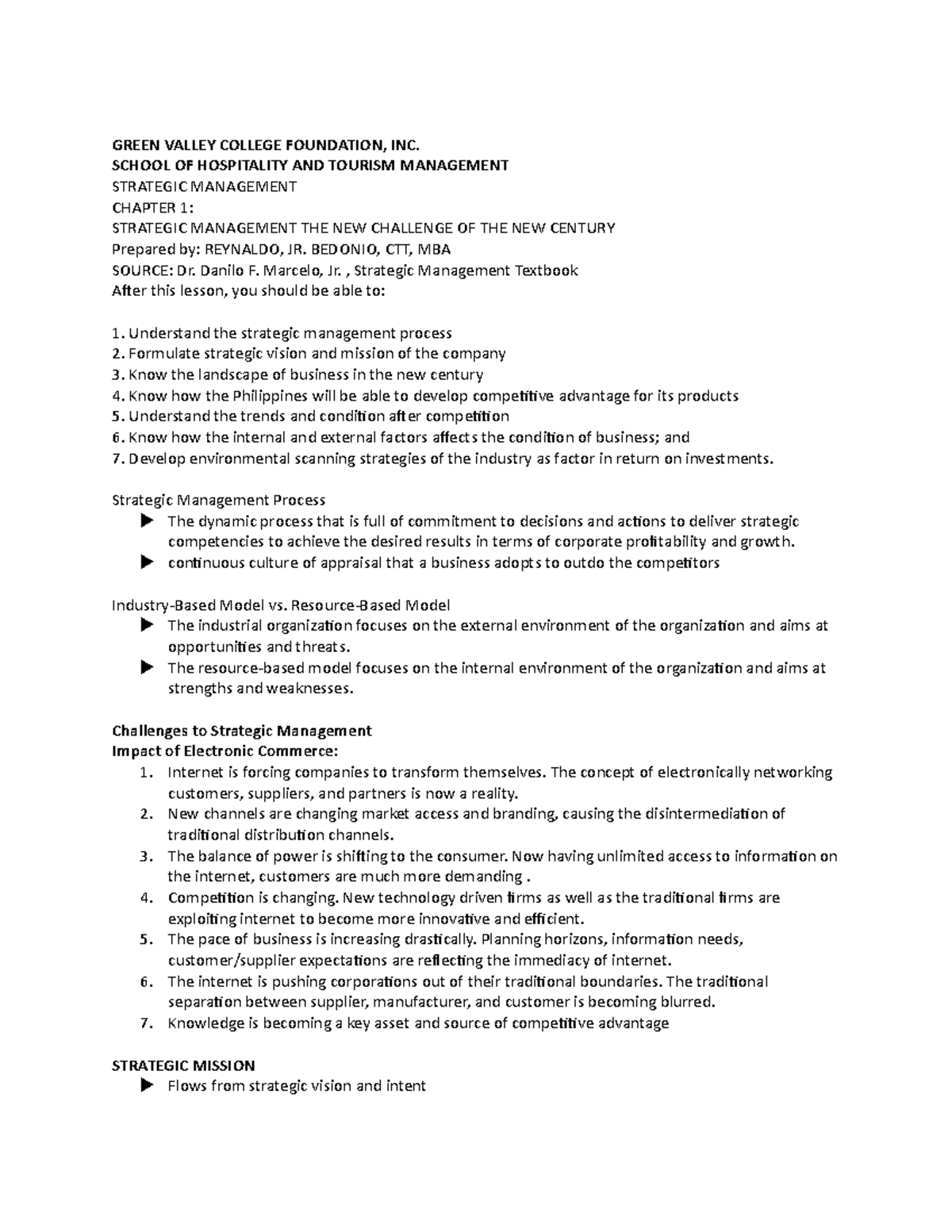 Chapter 1 Strama - CBMEC 1 (BS Tour) and CBMEC 2 (BS HM) Strategic ...