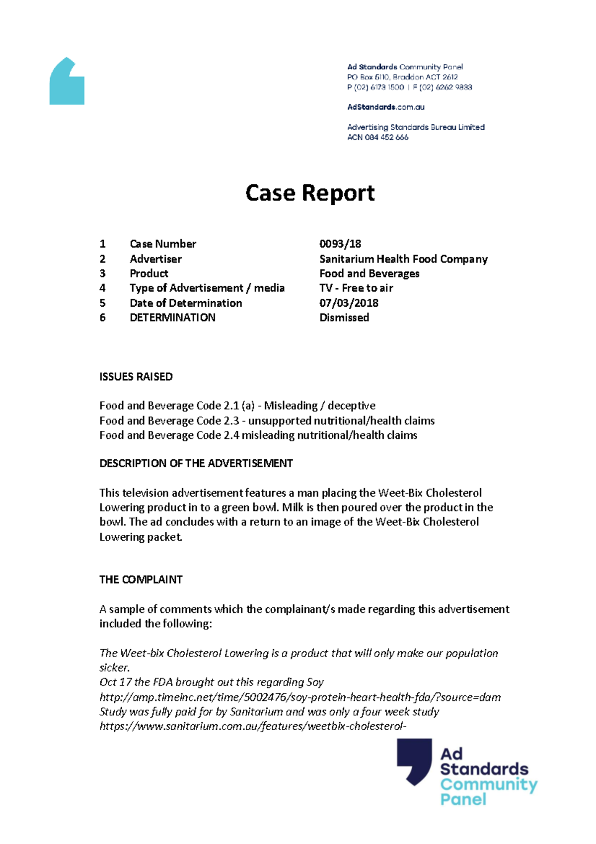 Weet-Bix report - Case Report 1 Case Number 0093/ 2 Advertiser ...