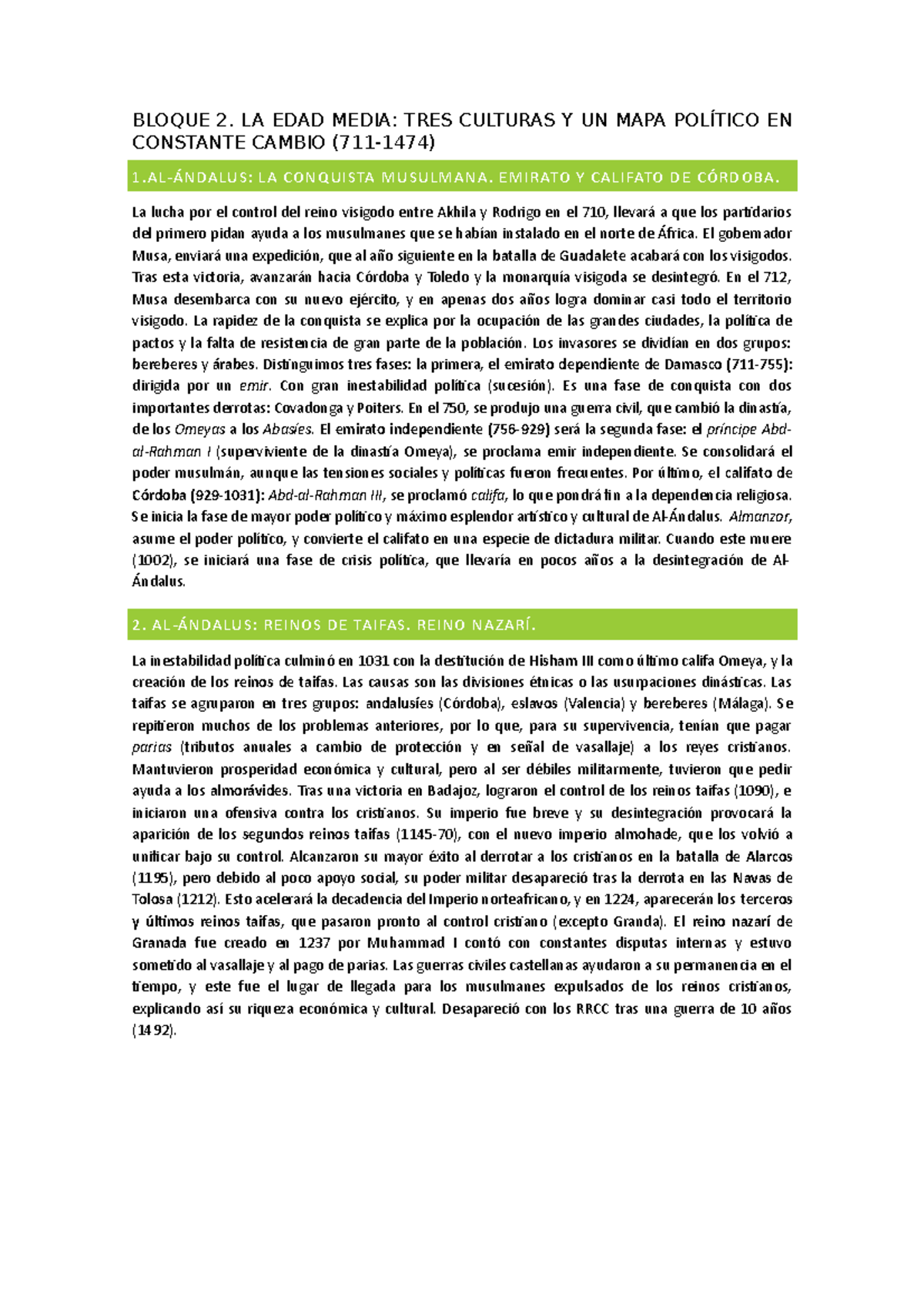 Resúmenes bloque 2 - BLOQUE 2. LA EDAD MEDIA: TRES CULTURAS Y UN MAPA POLÍTICO EN CONSTANTE ...