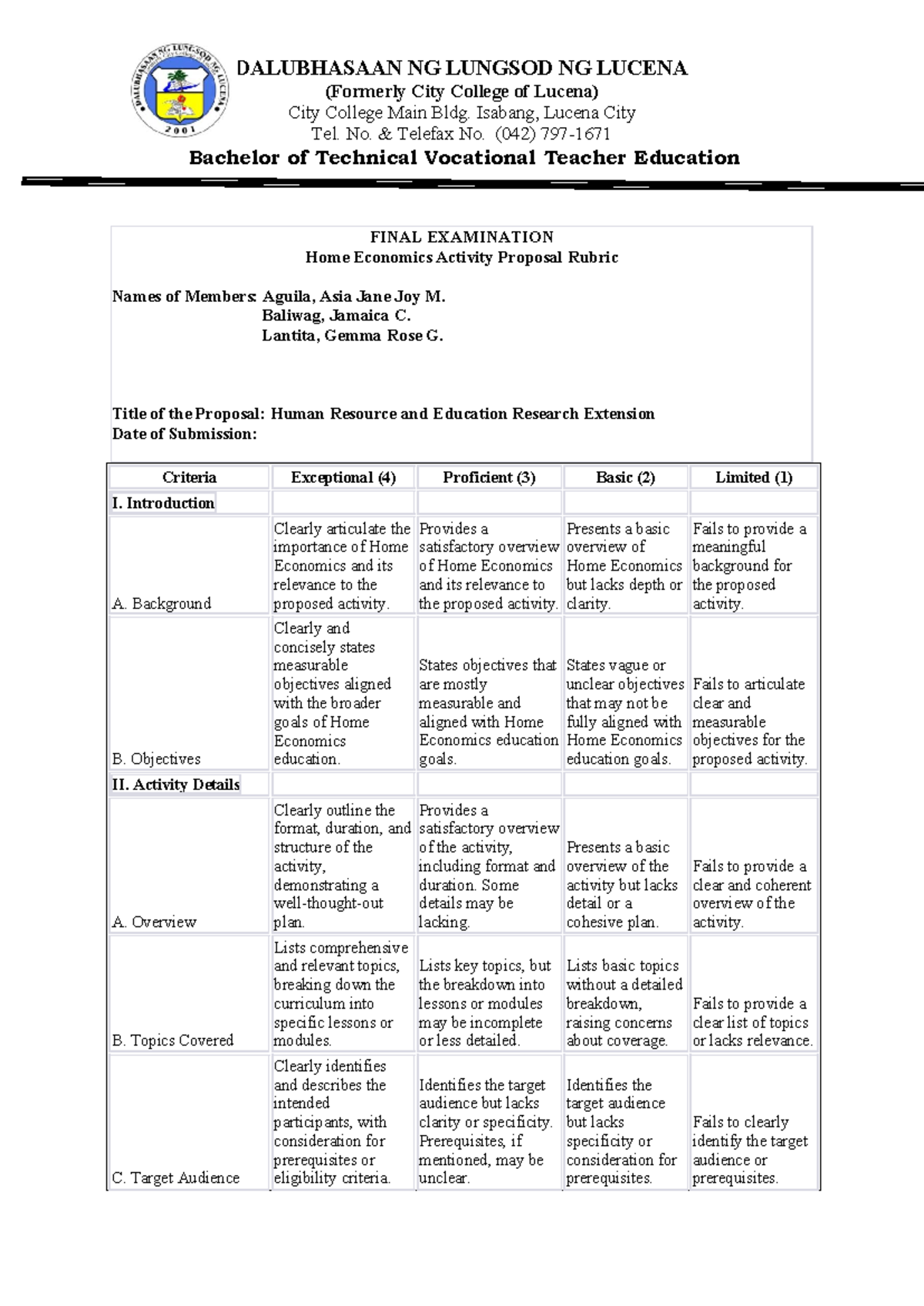 Proposal(Home Economics) - (Formerly City College of Lucena) City ...