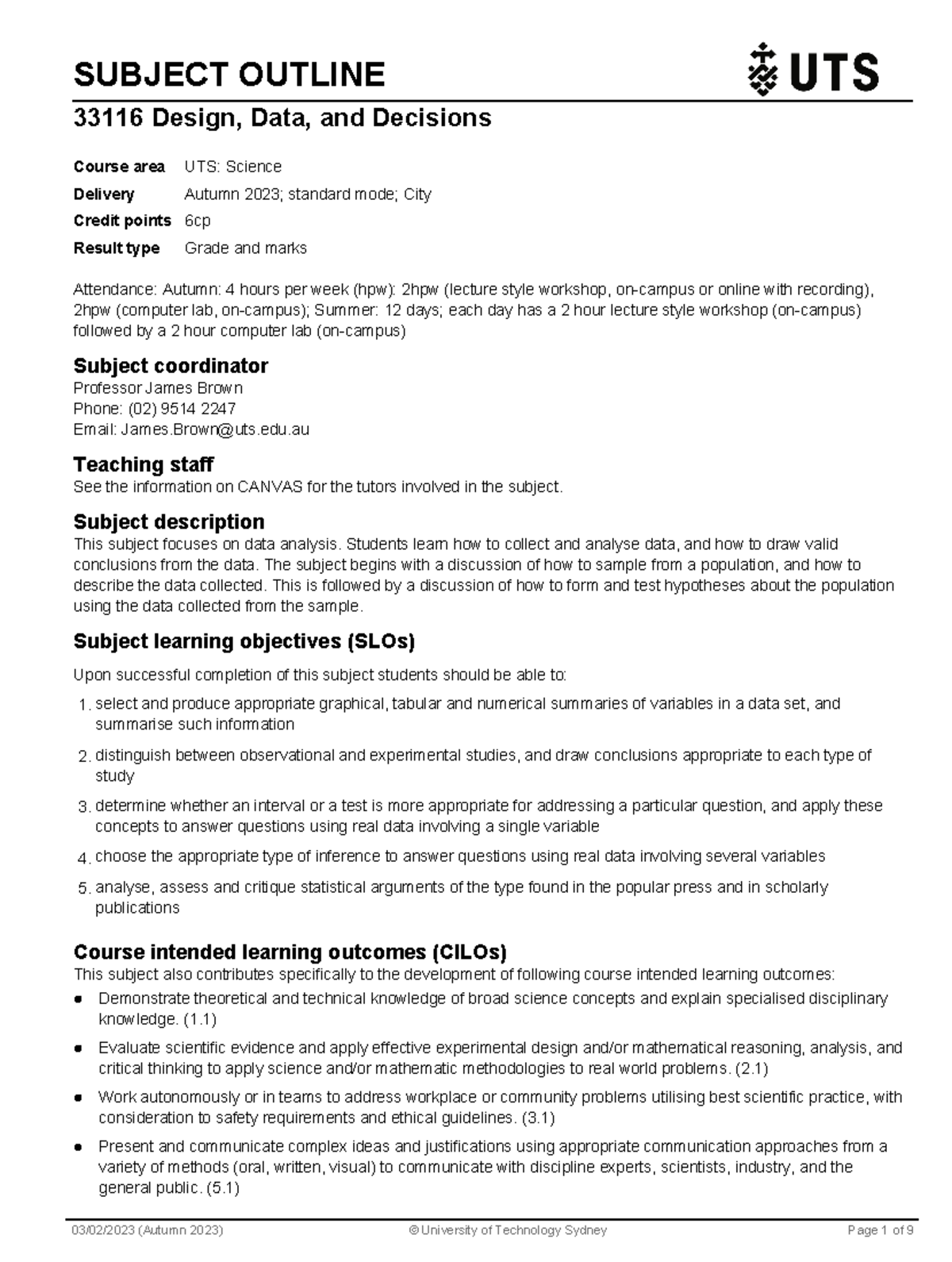 33116 design data decisions subject outline - SUBJECT OUTLINE 33116 ...