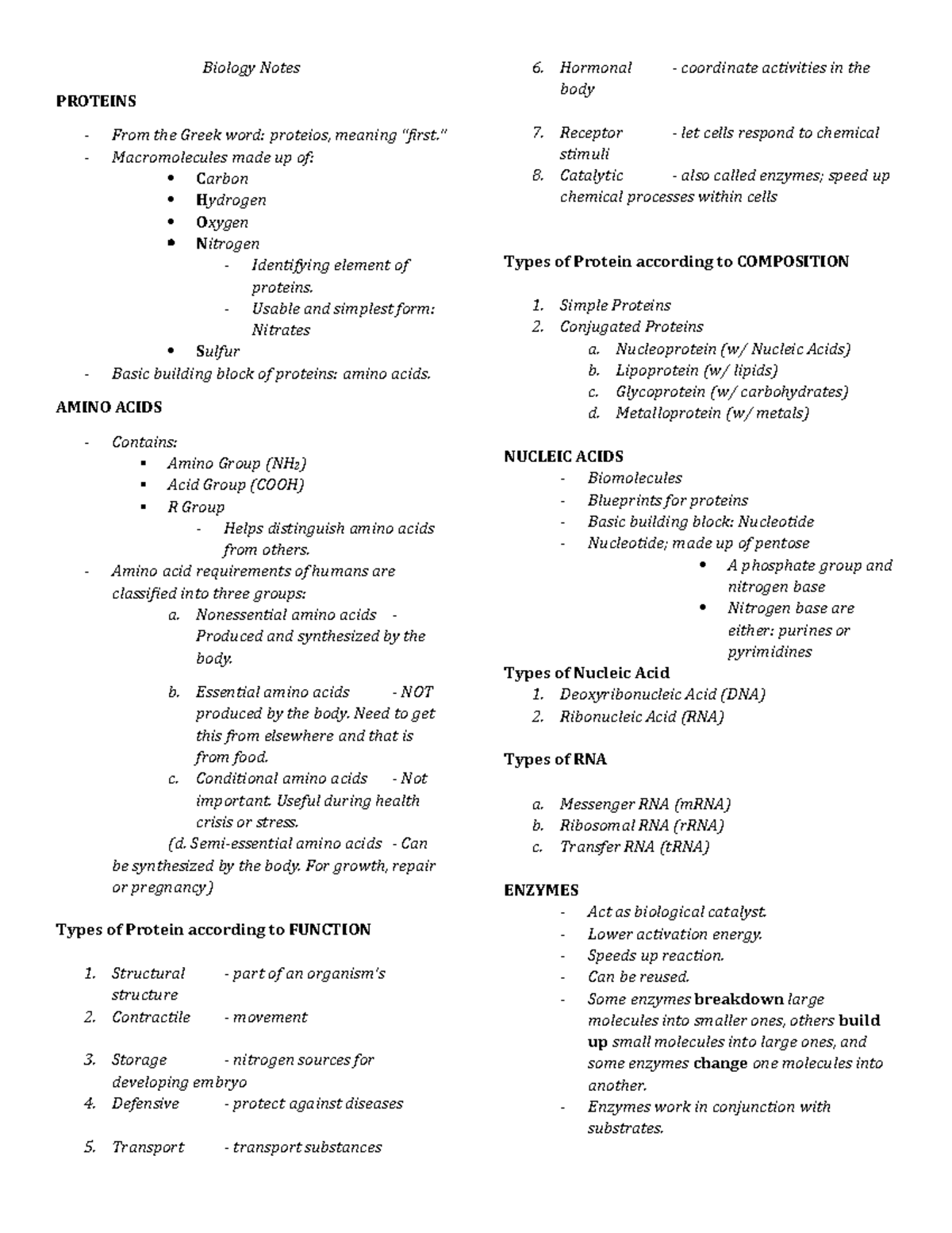 Biology Notes on Proteins and Enzymes - Biology Notes PROTEINS From the ...