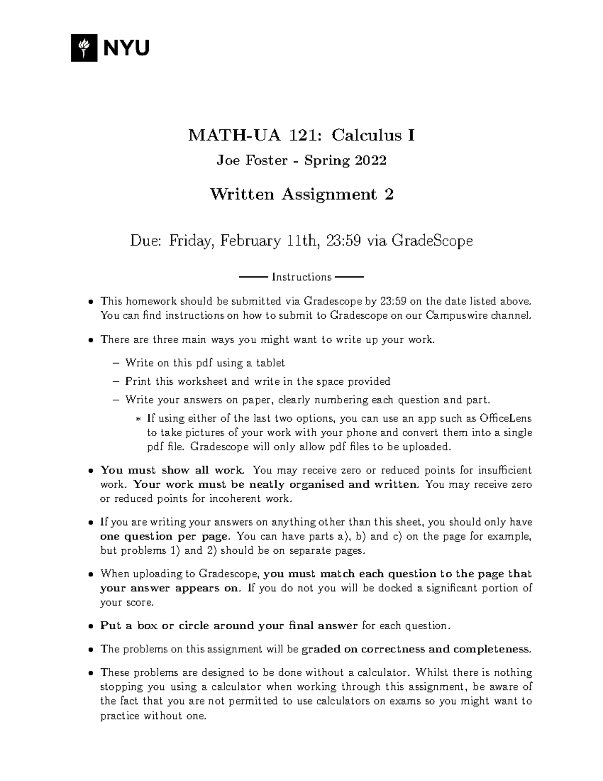 121 HW 2 - practice hw - MATH-UA 121: Calculus I Joe Foster - Spring ...