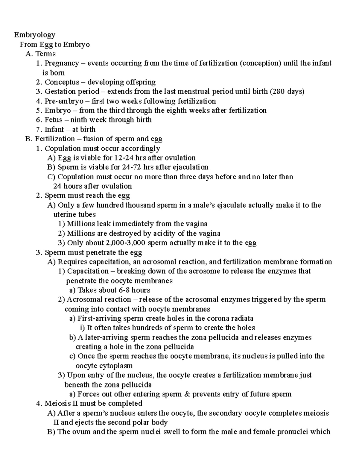 Embryology Notes copy - Embryology From Egg to Embryo A. Terms 1 ...