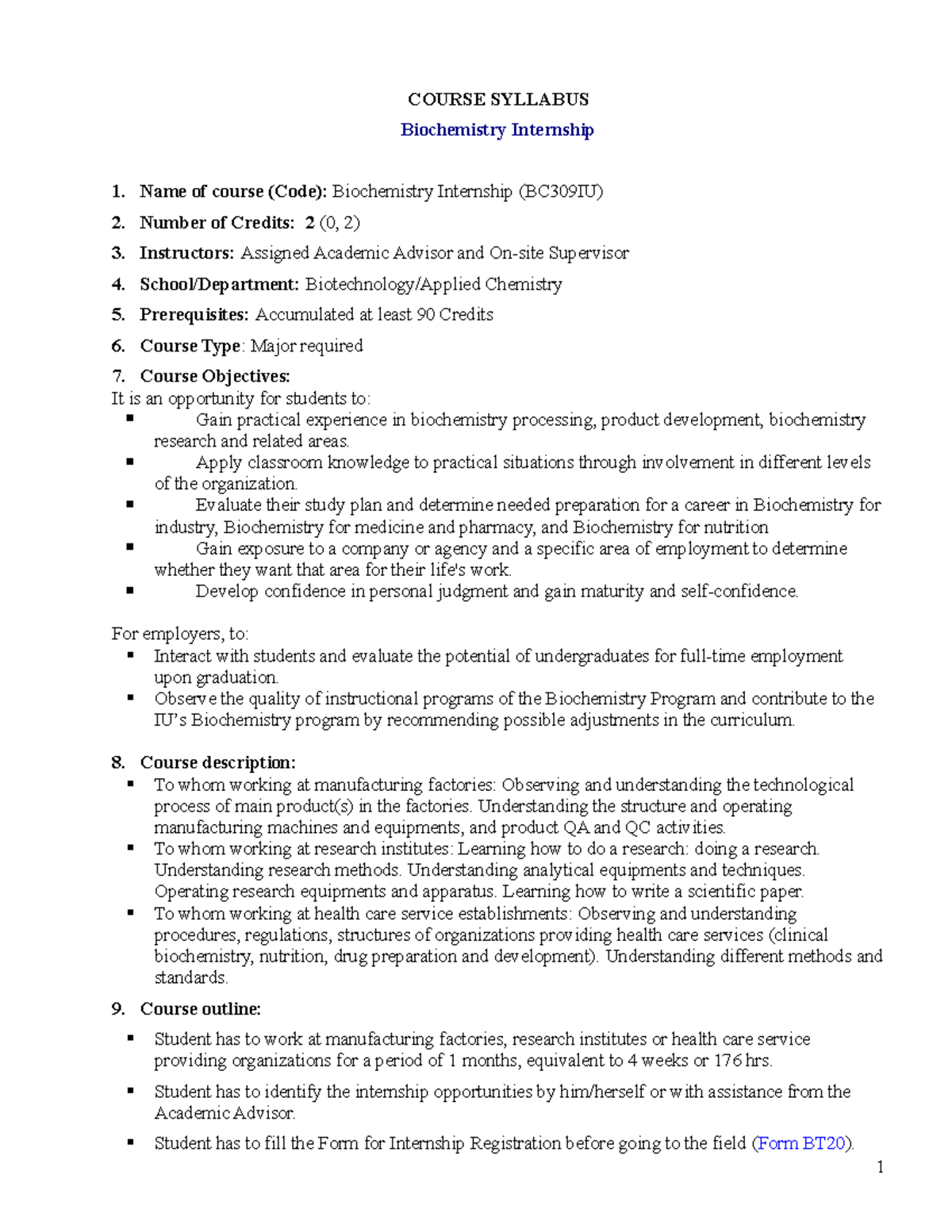Syllabus Internship BC - COURSE SYLLABUS Biochemistry Internship 1 ...