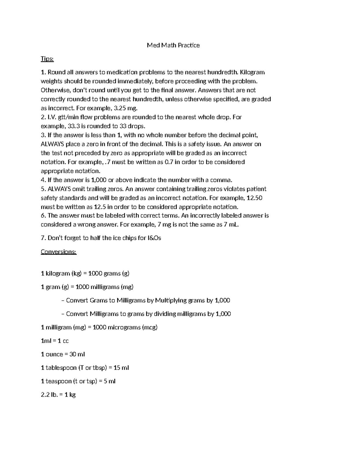 Med Math Practice - Med Math Practice Tips: Round all answers to ...