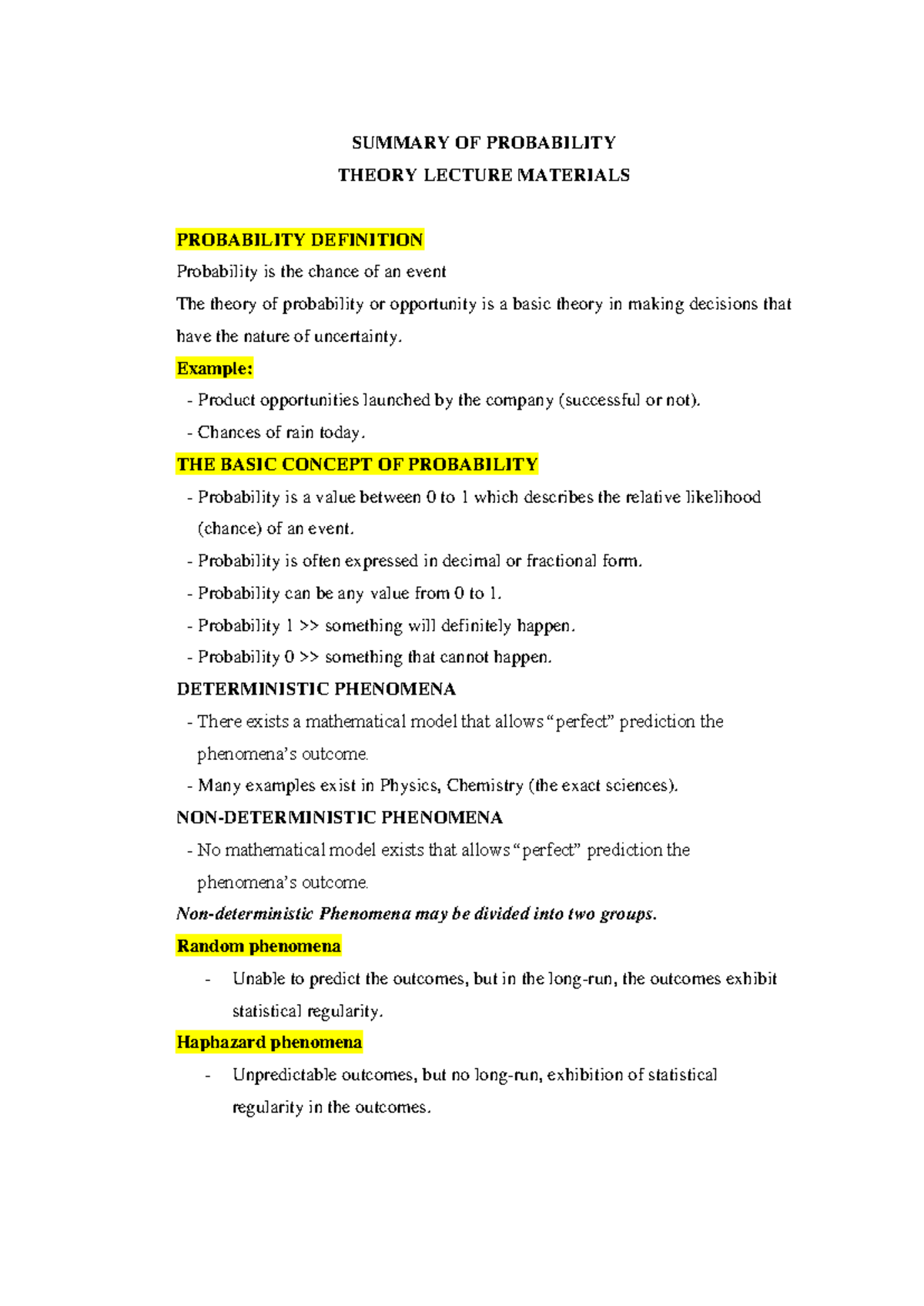 Probability definition Probstat 1 - SUMMARY OF PROBABILITY THEORY LECTURE MATERIALS PROBABILITY ...
