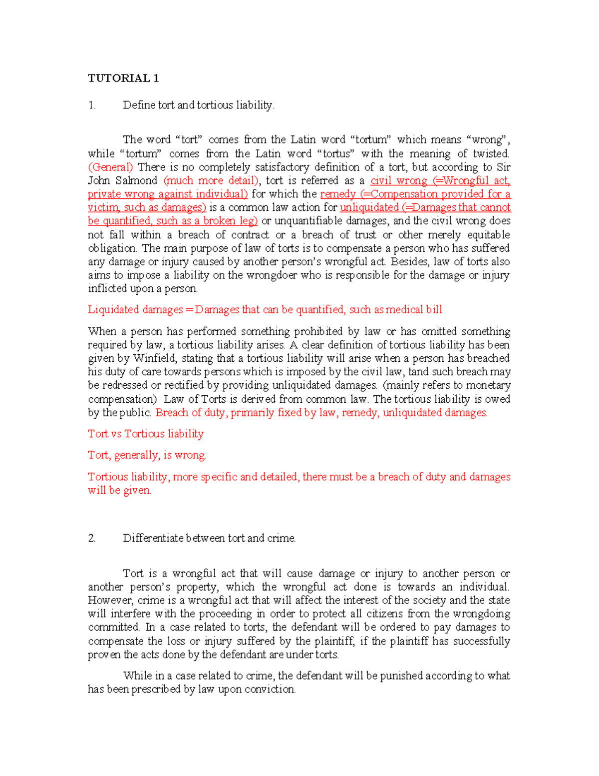 Tutorial 1 (ULT2612) - TUTORIAL 1 Define tort and tortious liability ...