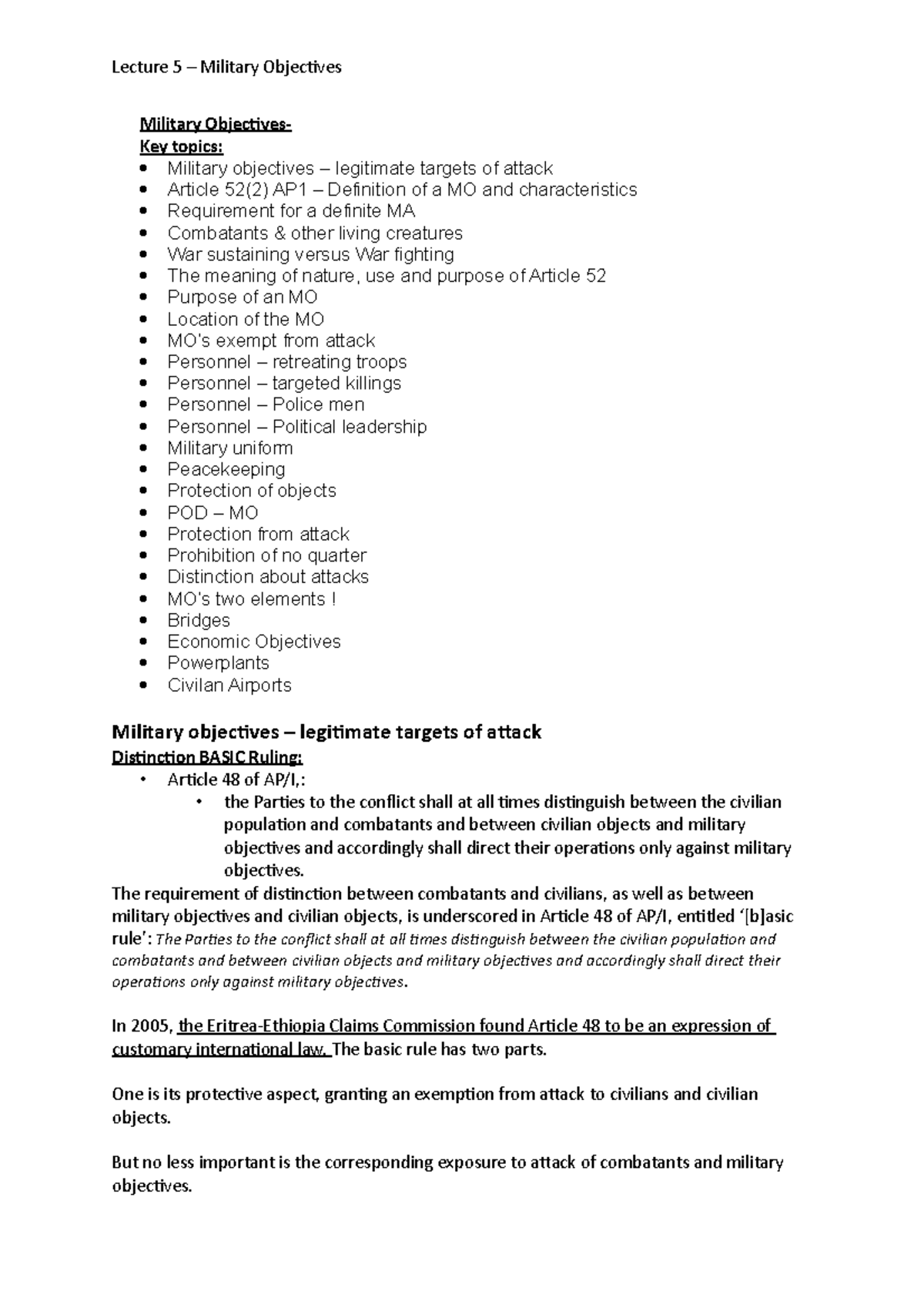 Lecture 5 - Military objectives - Military Objectives- Key topics ...