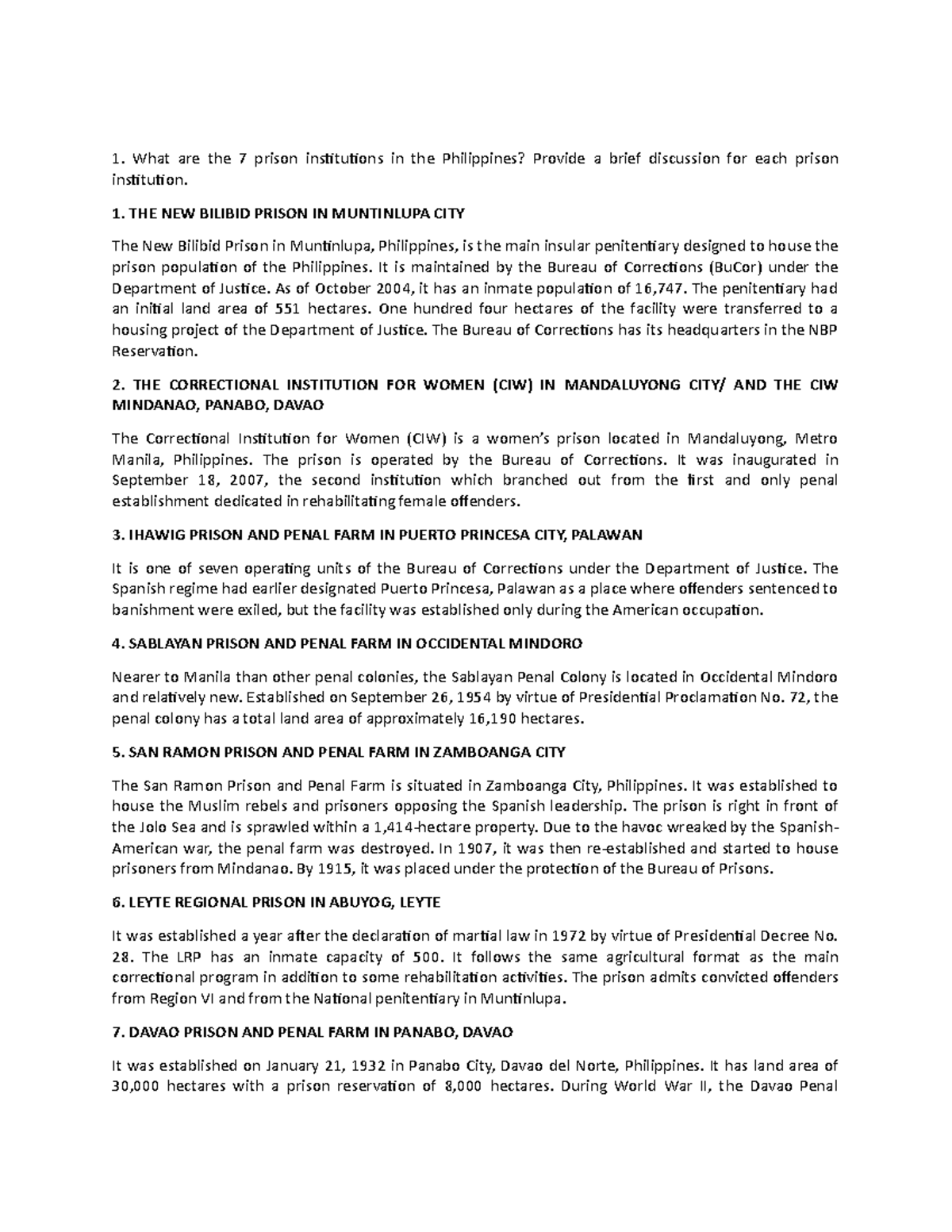 The 7 prison institutions in the Philippines - 1. THE NEW BILIBID ...