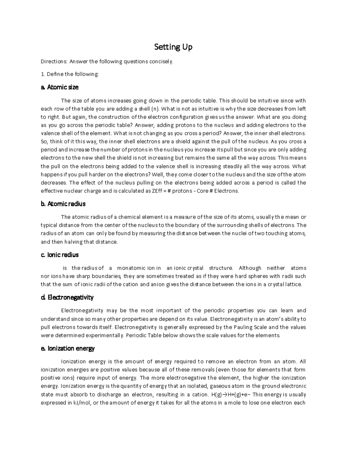 General Chemistry Setting UP(unit7) - Setting Up Directions: Answer the ...